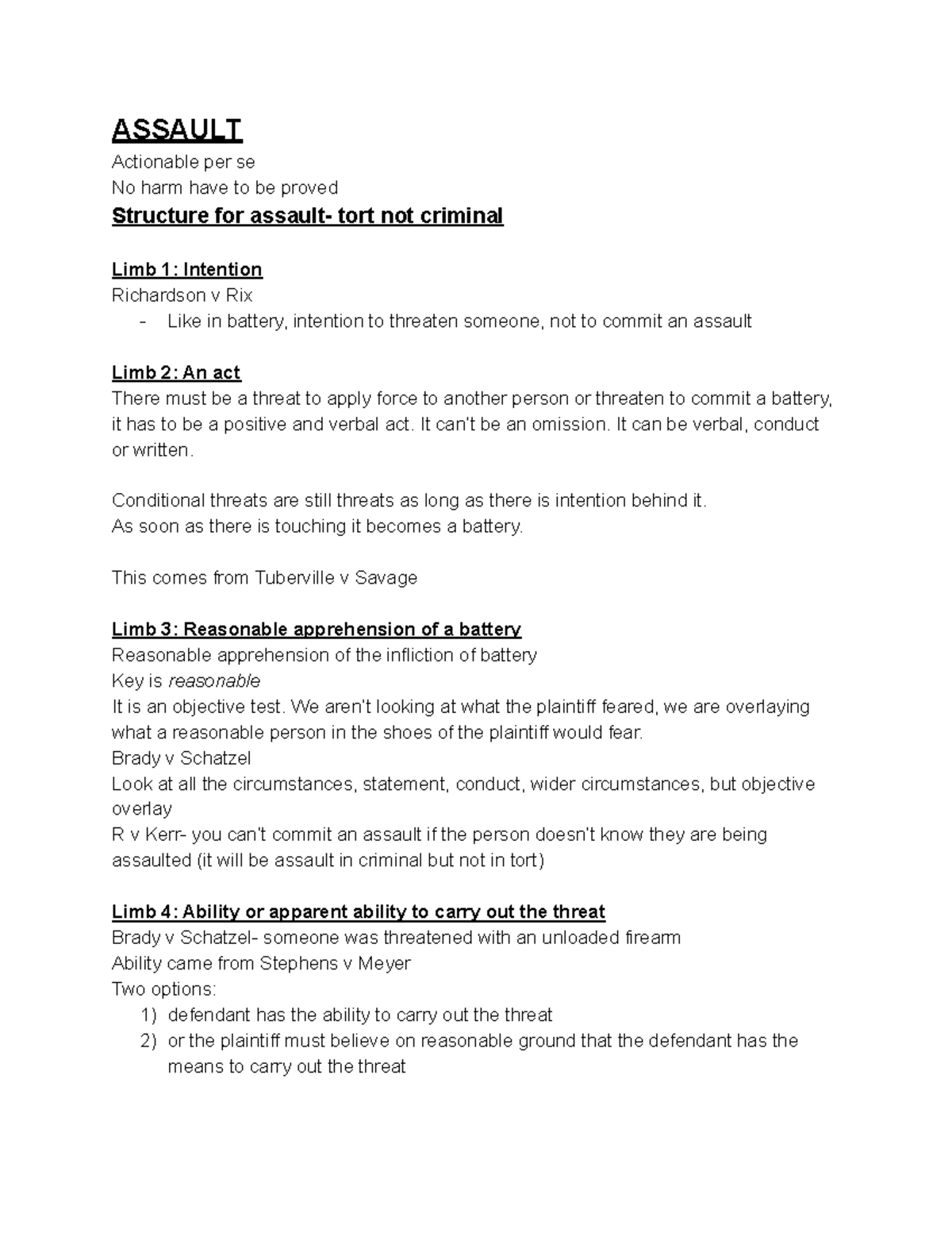 LAWS212-Tutorial 2 - assault - ASSAULT Actionable per se No harm have to be proved Structure for ...