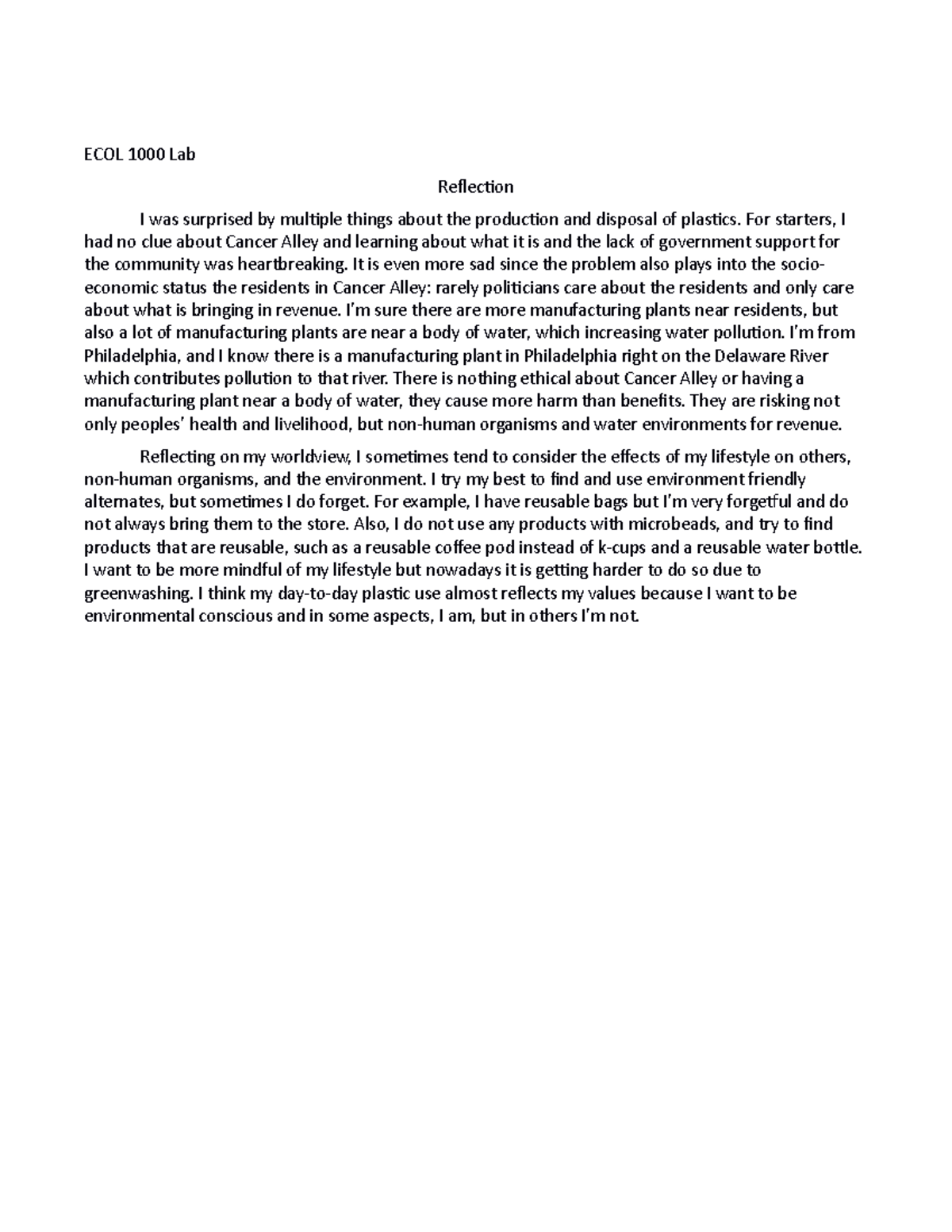 Environmental Ethics Assignment - ECOL 1000 Lab Reflection I was ...