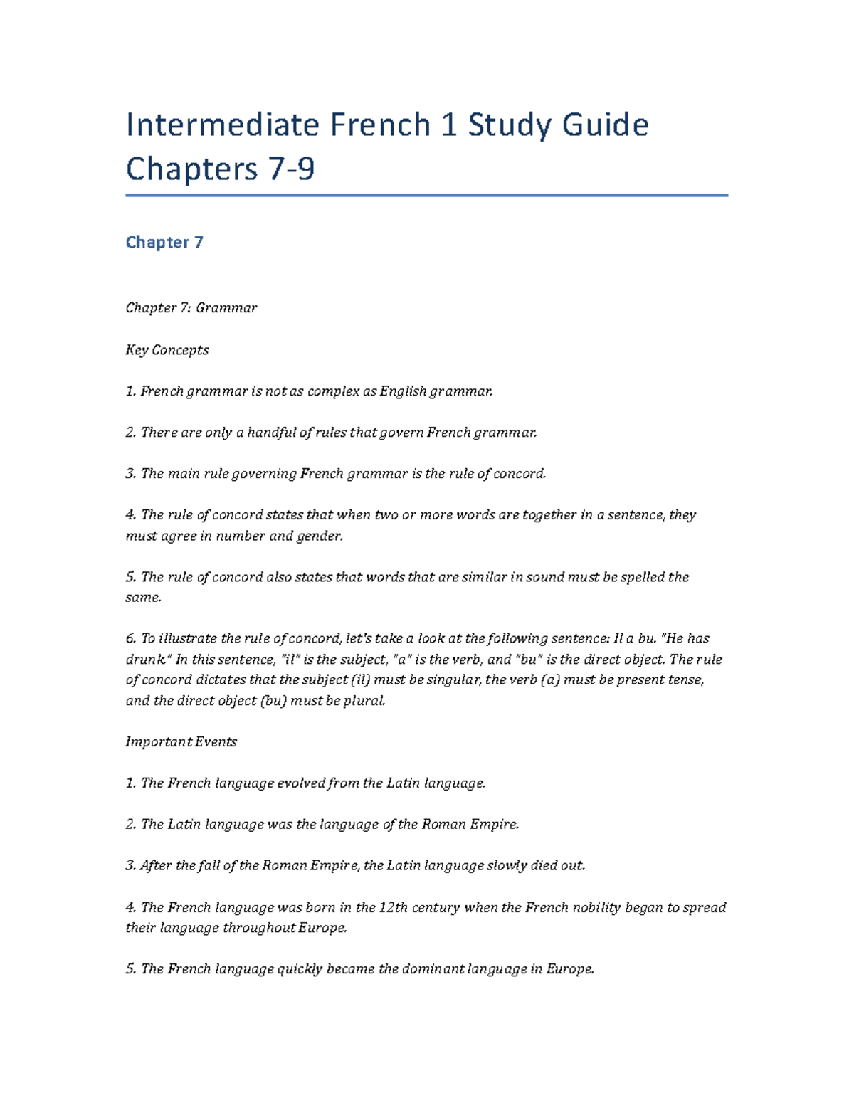 Intermediate French 1 Study Guide Chapters 7-9 - Intermediate French 1 ...