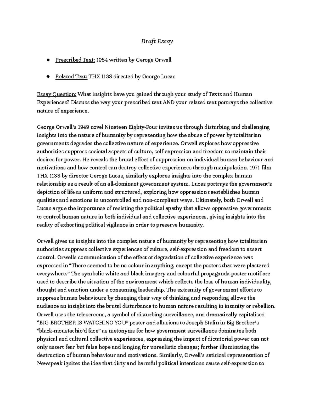 1984 Multimodal Presentation Essay - Draft Essay Prescribed Text: 1984 ...