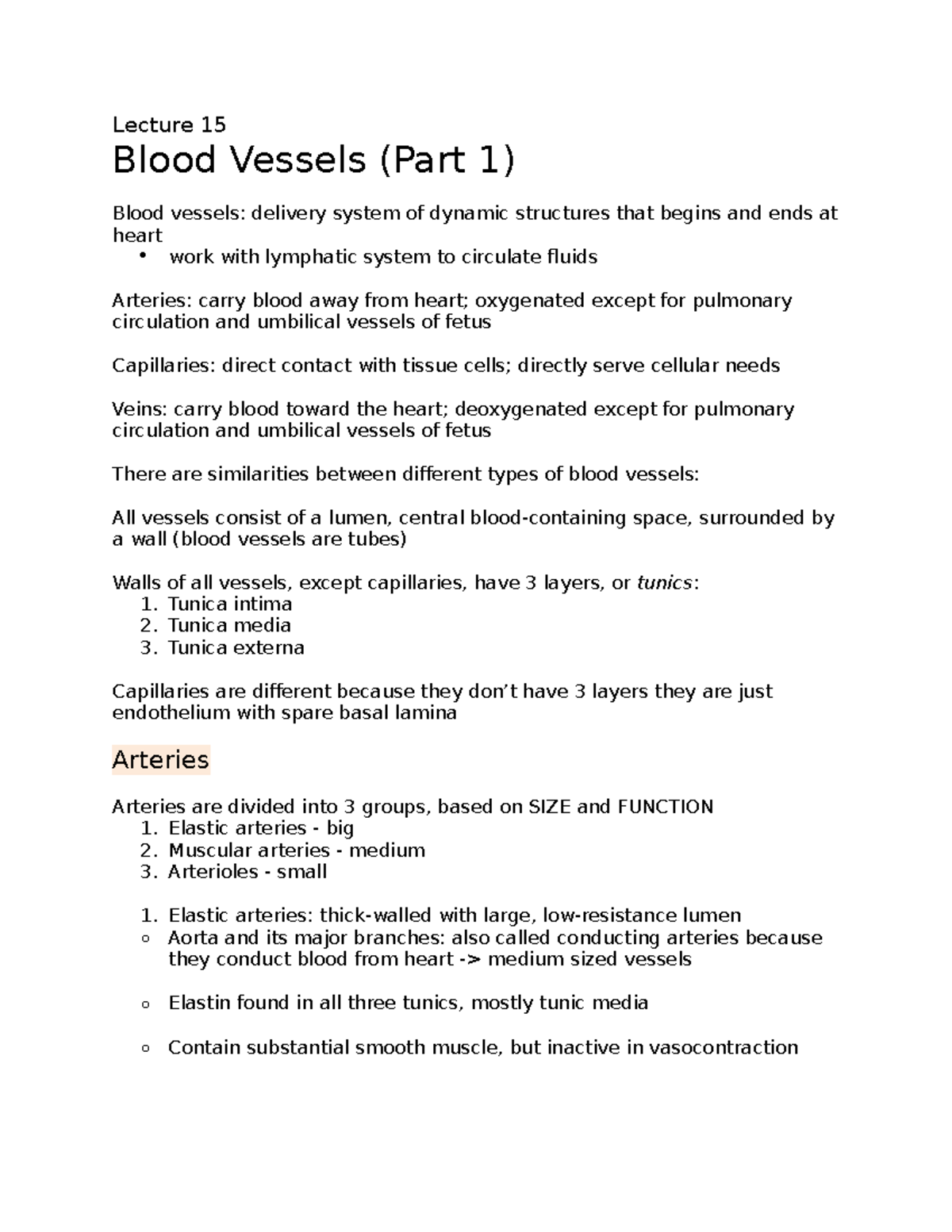 ANP 1105 - Lecture 15 - Lecture 15 Blood Vessels (Part 1) Blood vessels ...