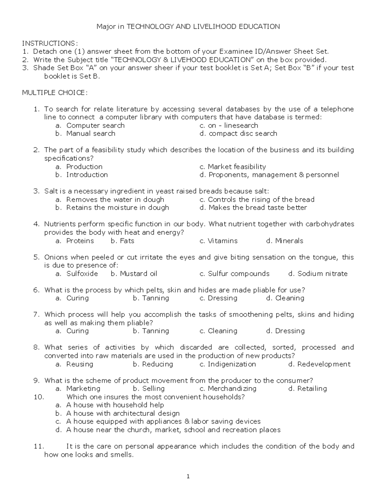 TLE Major TEST SET 015 - Major in TECHNOLOGY AND LIVELIHOOD EDUCATION ...