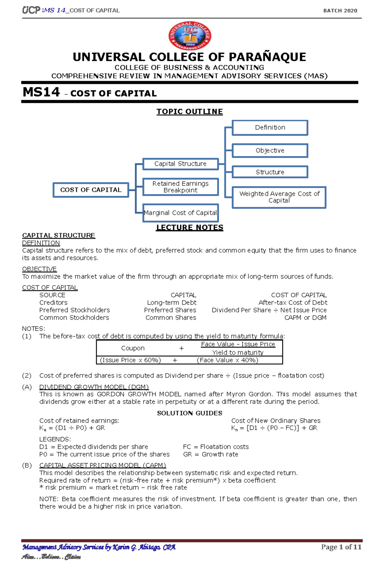 MS14 COST OF Capital - Accountancy - Management Advisory Services by ...