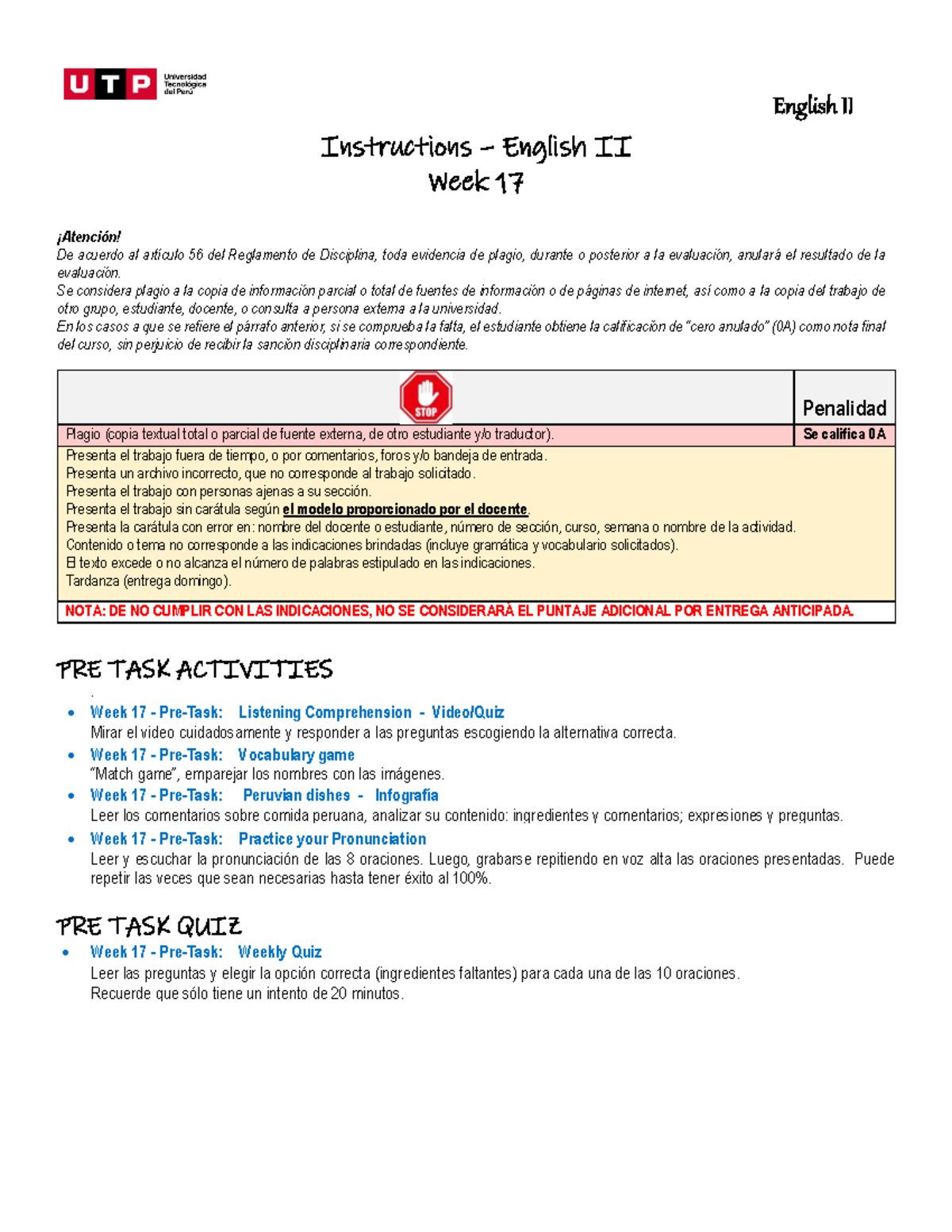 Week 17 - Indicaciones en español para el alumno - Inglés 2 - English ...