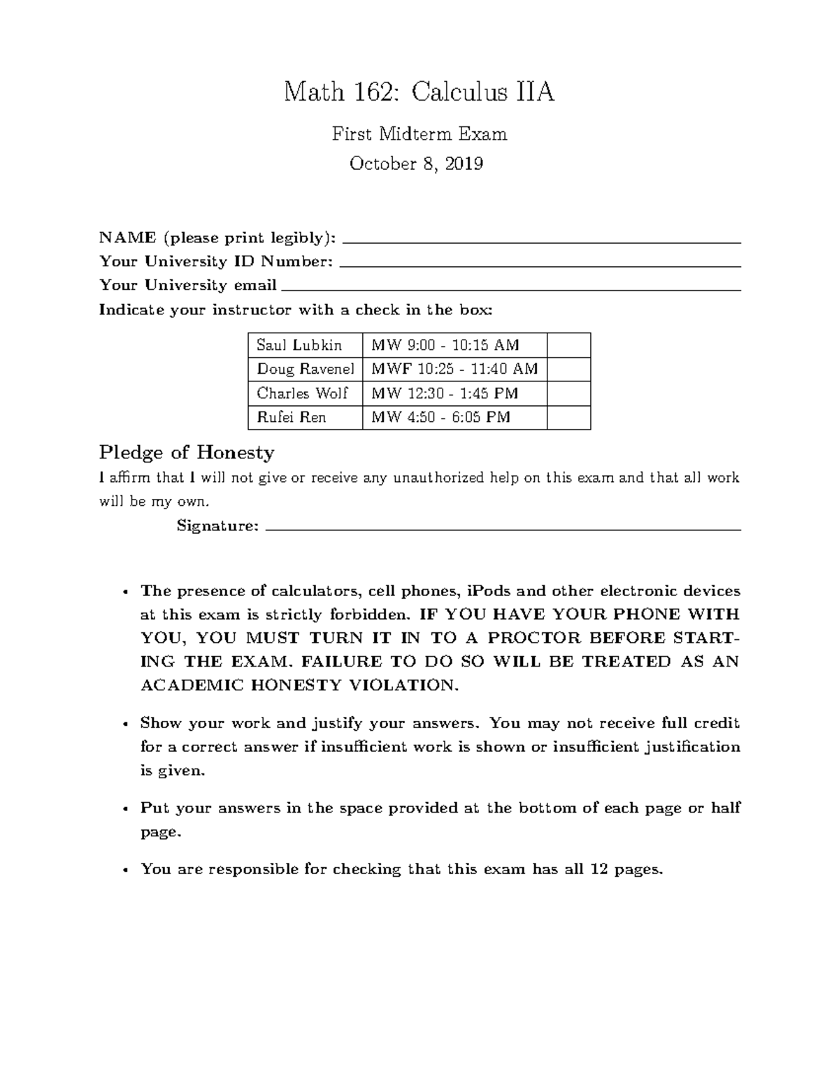 Math 162 first exam (practice problems) - Math 162: Calculus IIA First ...