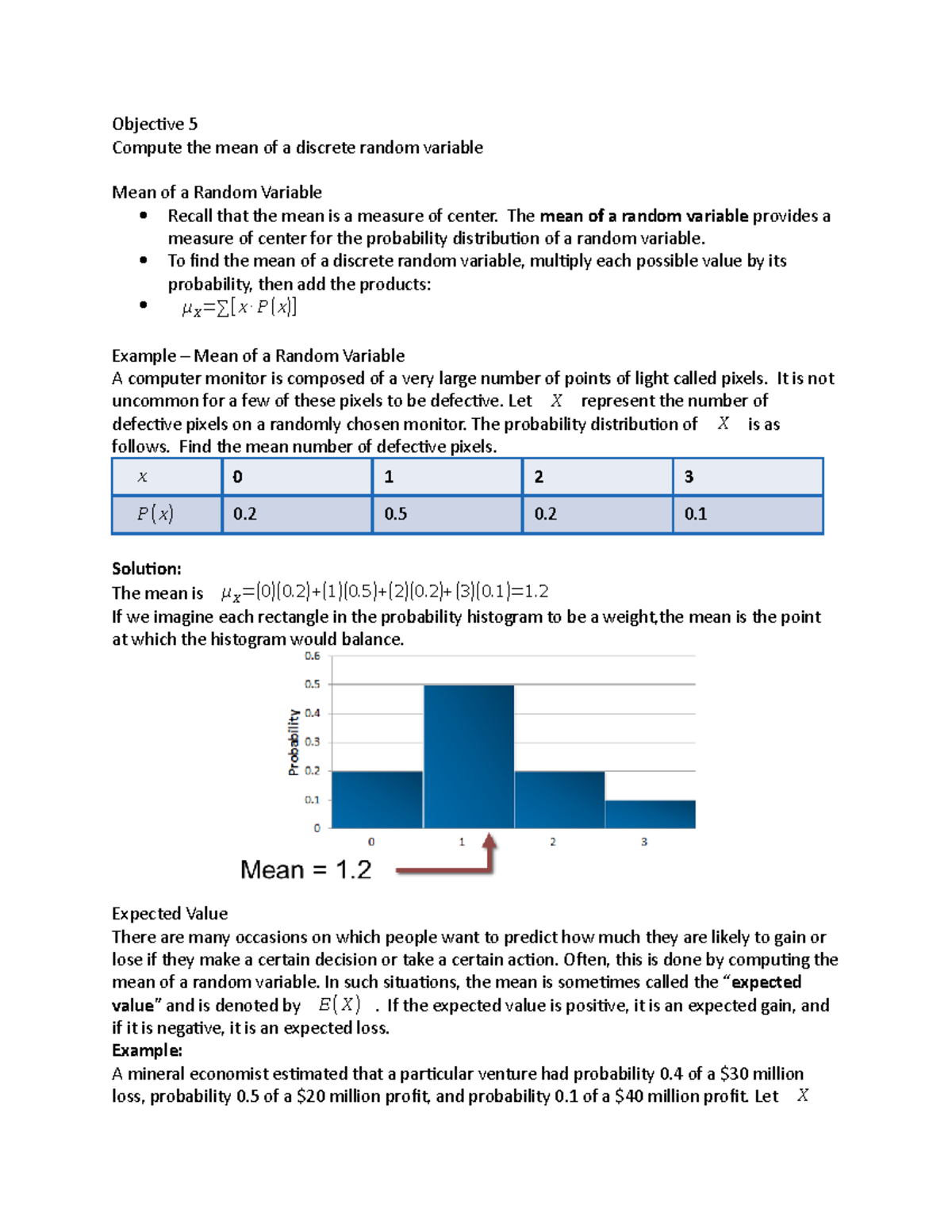 Ch. 6.1 (Math 241) Part 4 - Objective 5 Compute the mean of a discrete ...
