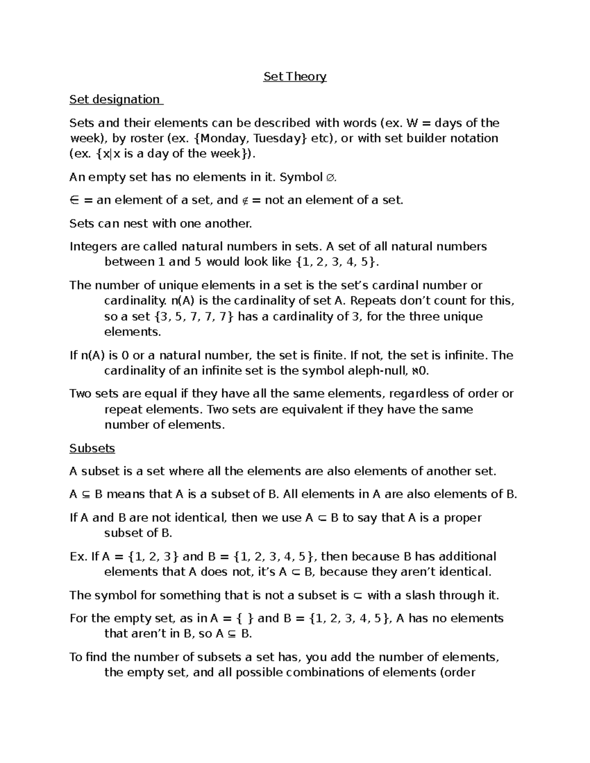 Set Theory notes - Set Theory Set designation Sets and their elements ...