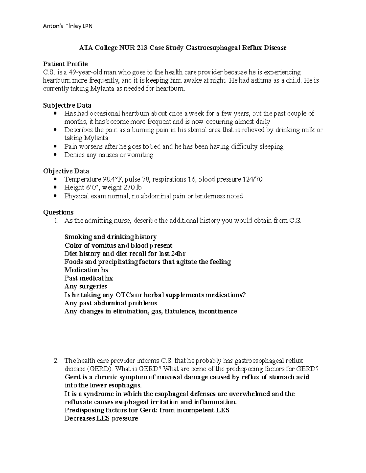 Case study 41 - med surg II care plan - Antonia Finley LPN ATA College ...