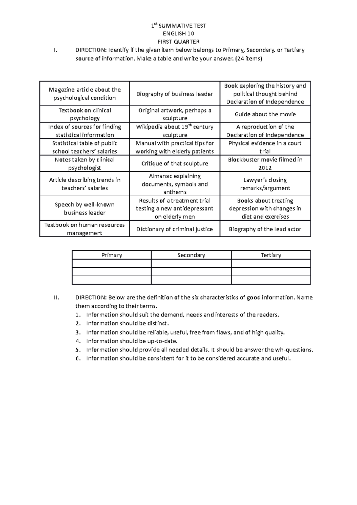 English 10 summative test 1st Q - 1 st SUMMATIVE TEST ENGLISH 10 FIRST ...