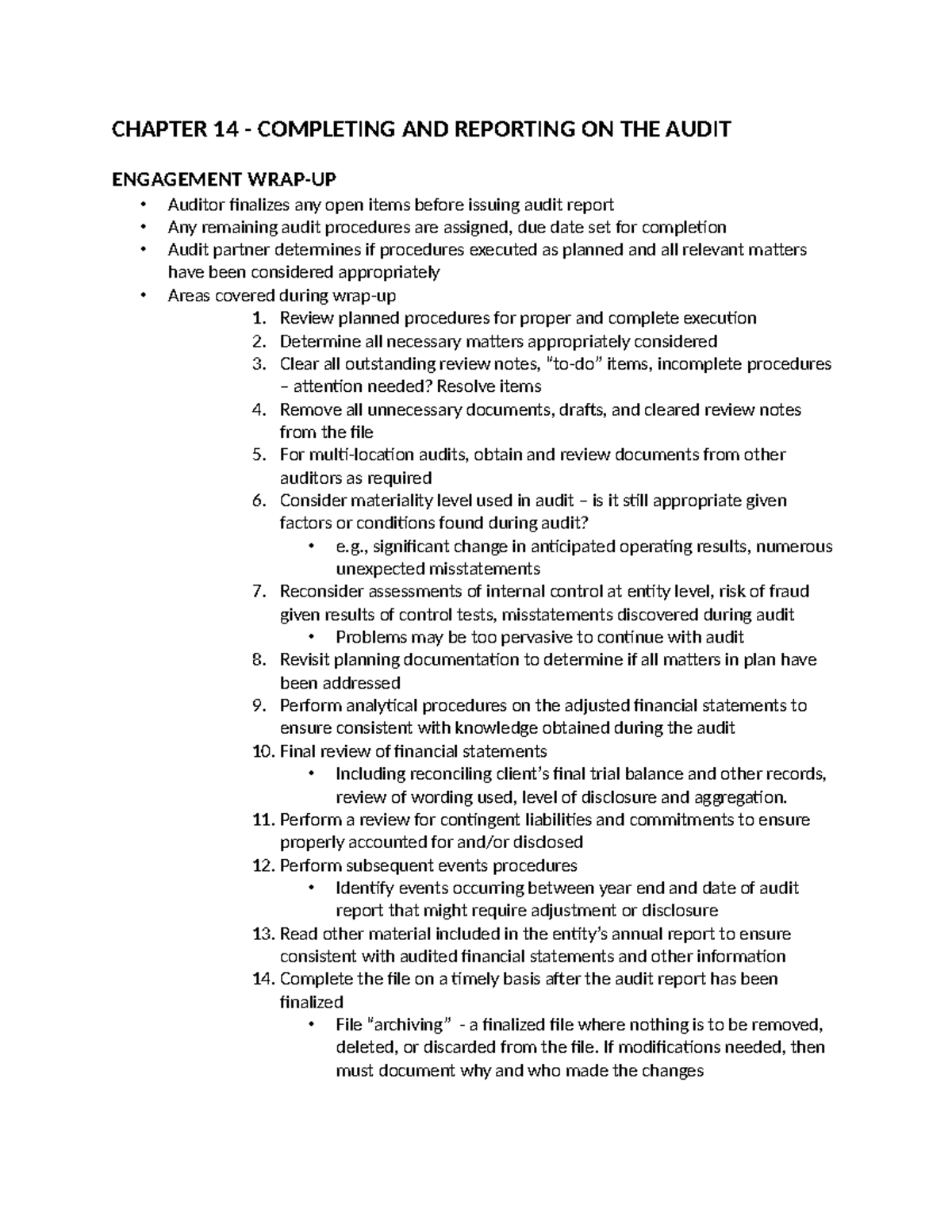 Chapter 14 - Notes - CHAPTER 14 - COMPLETING AND REPORTING ON THE AUDIT ...