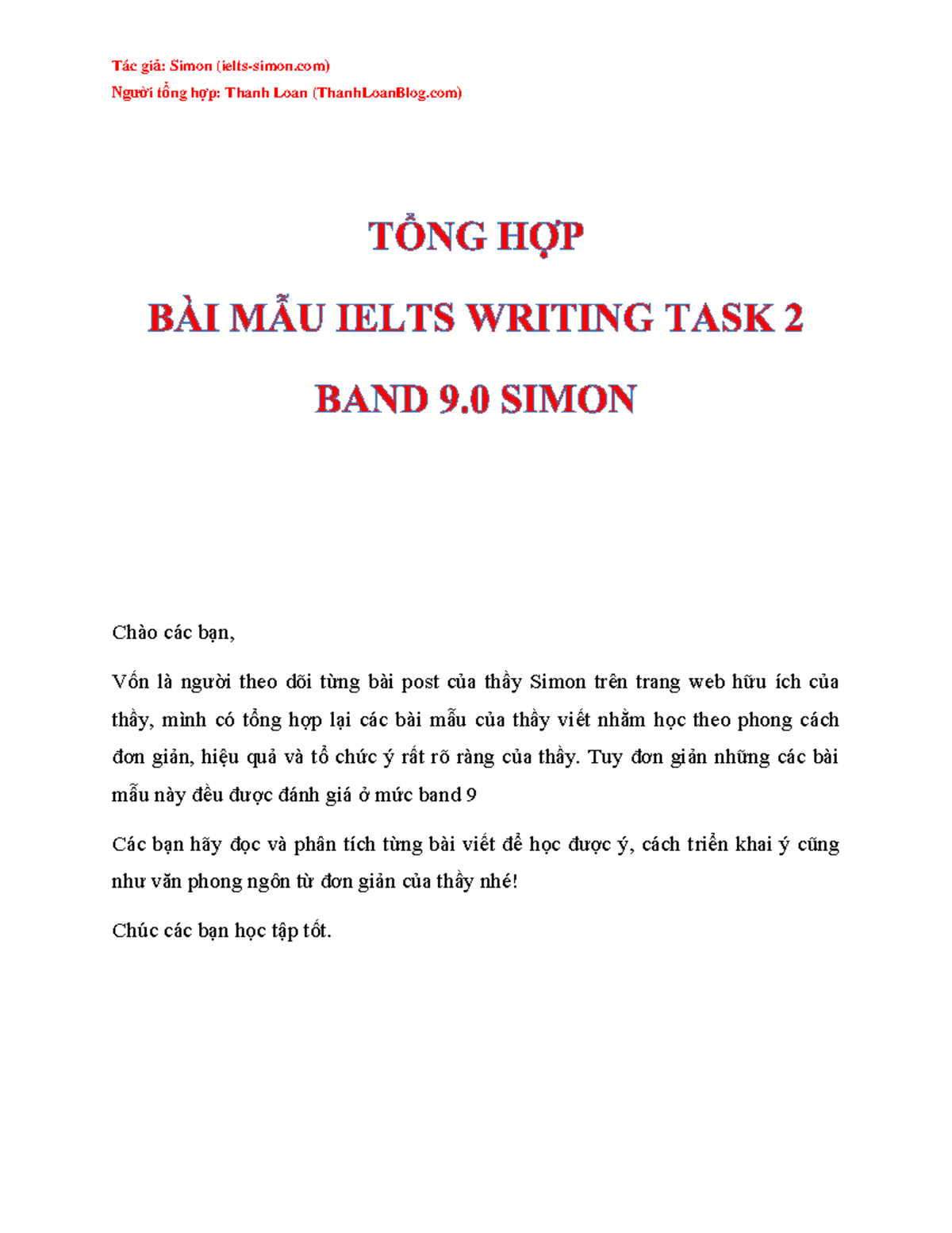 Tài liệu Ielts Writing task 2 samples band 9 của thầy Simon - Người ...