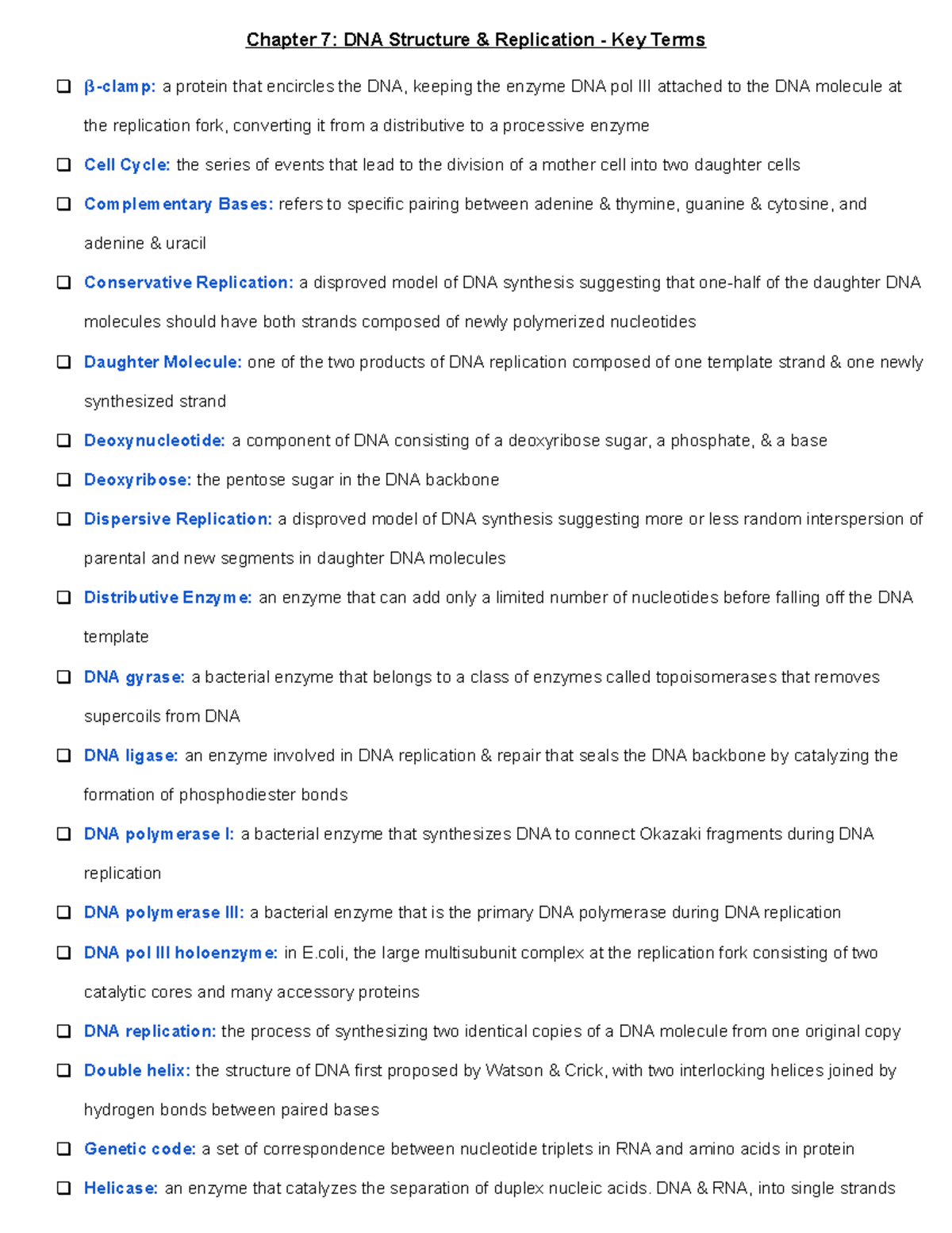 Chapter 7 DNA Structure Replication - Key Terms - Chapter 7: DNA ...