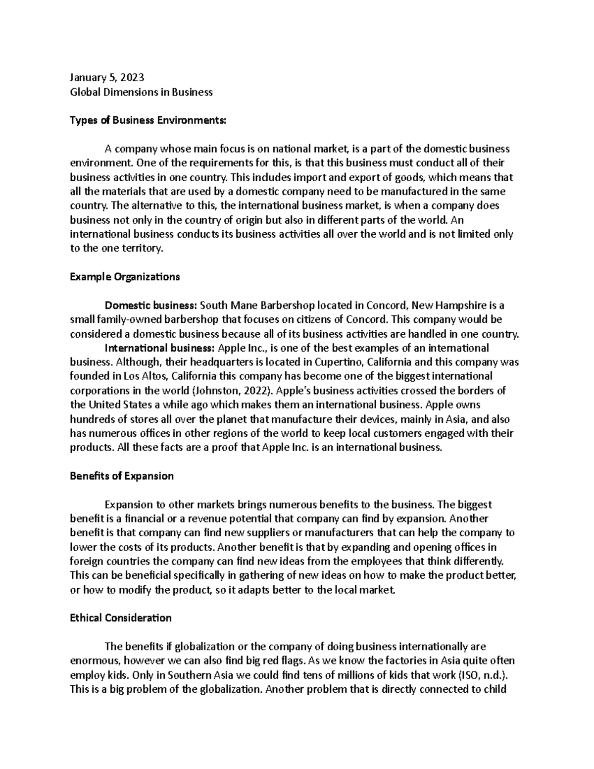 Module One Assignment - January 5, 2023 Global Dimensions in Business ...