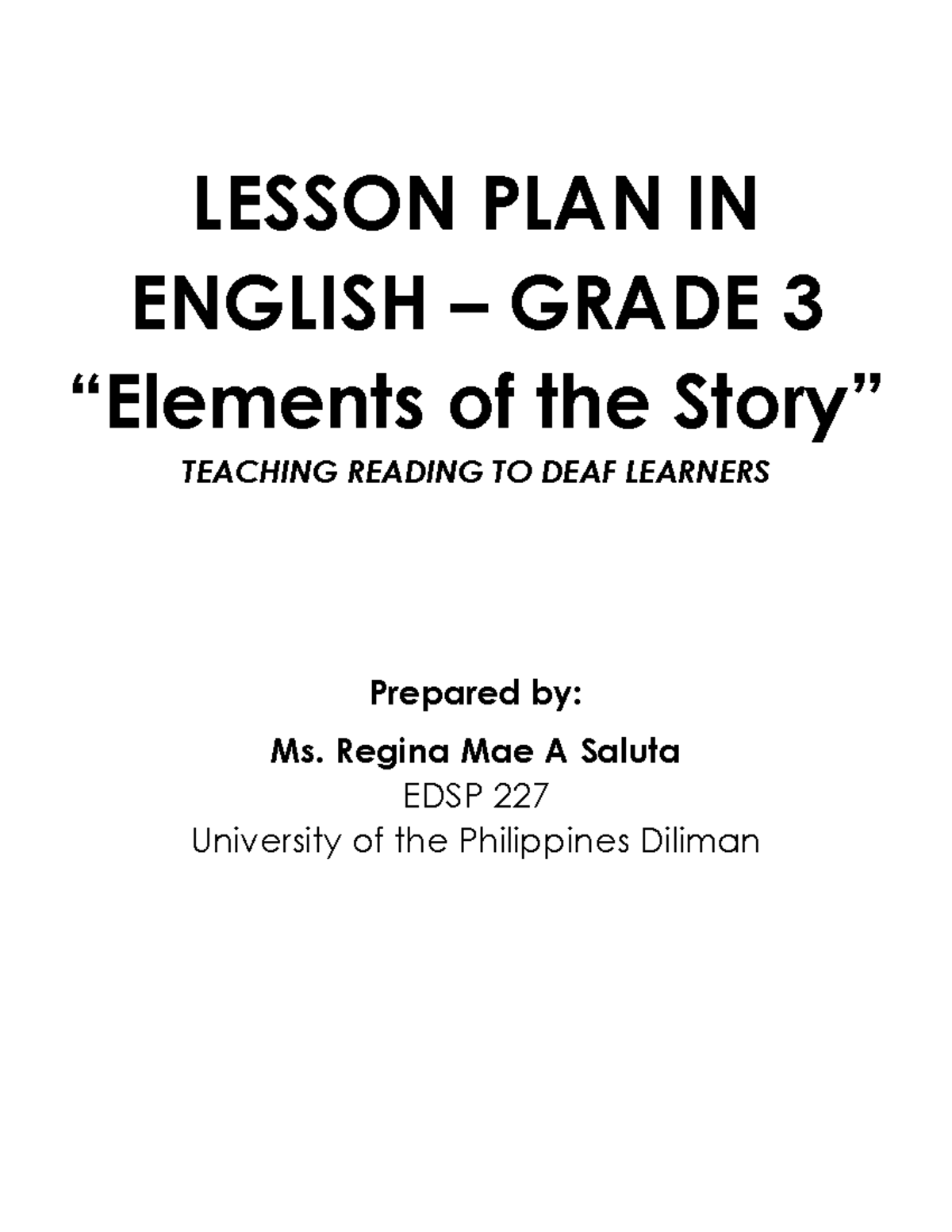 Lesson Plan in English Elements of the Stories - LESSON PLAN IN ENGLISH ...