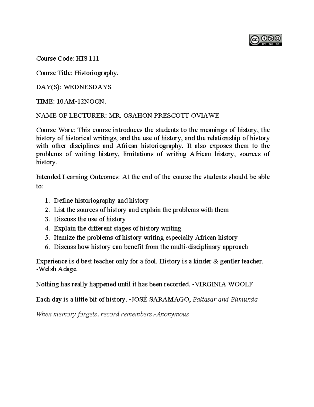 Historiography - History - Course Code: HIS 111 Course Title ...