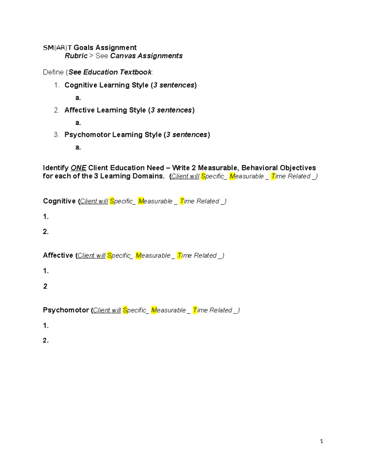 Smart Goals Assignment Template - SM(AR)T Goals Assignment Rubric > See Canvas Assignments ...