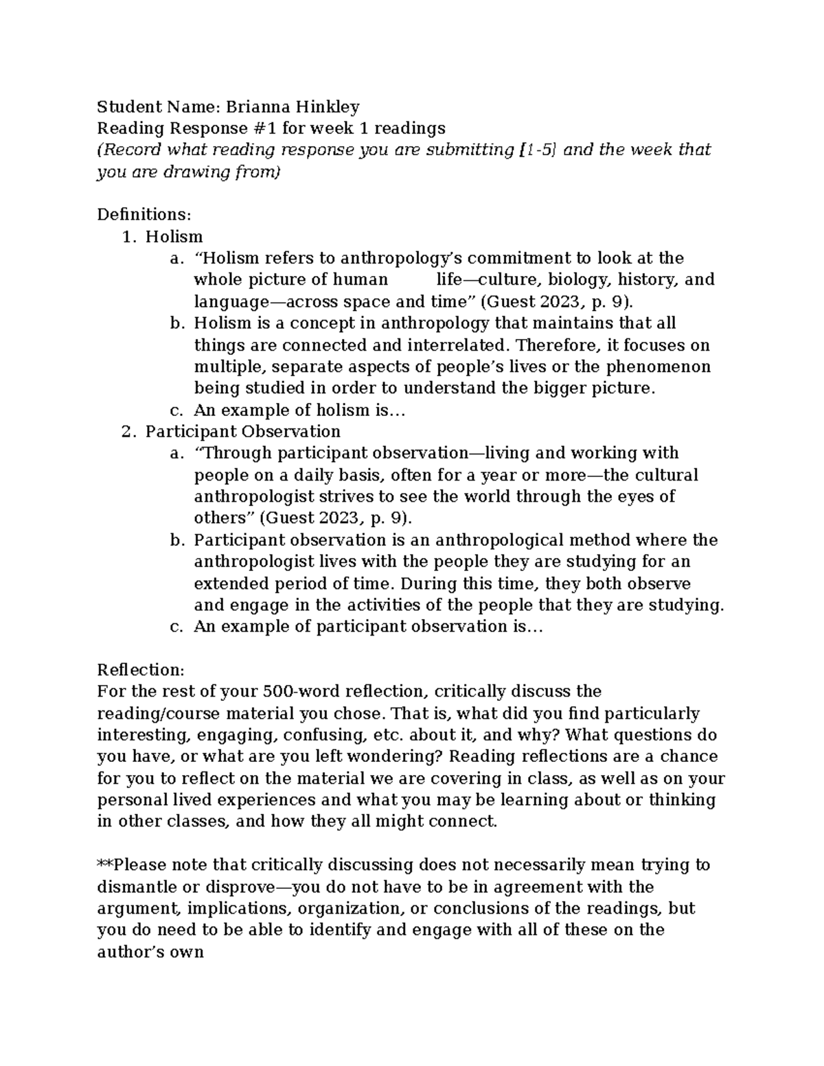 Reading Response Template - Student Name: Brianna Hinkley Reading ...
