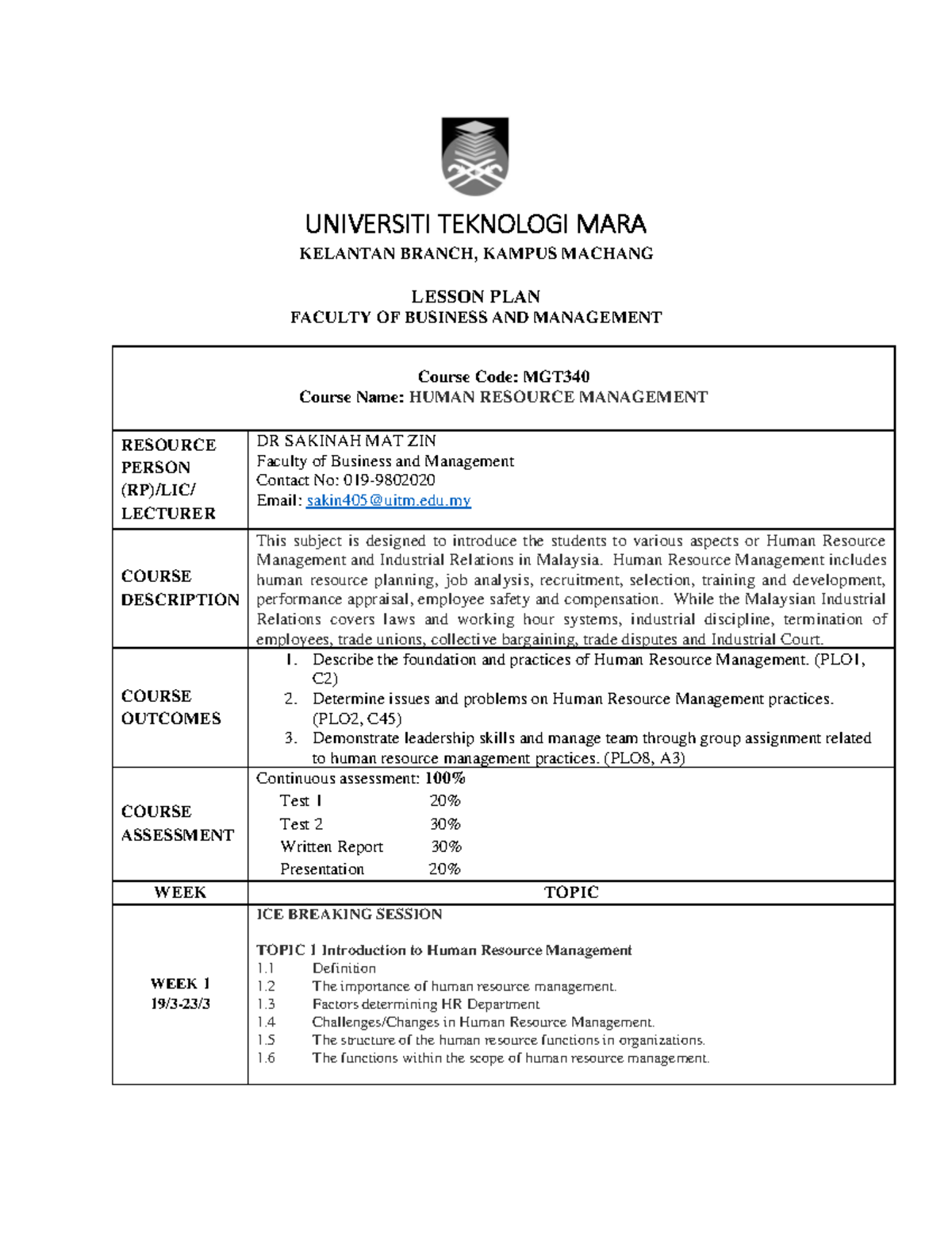 Lesson PLAN MGT340 March- August 2023 - UNIVERSITI TEKNOLOGI MARA ...