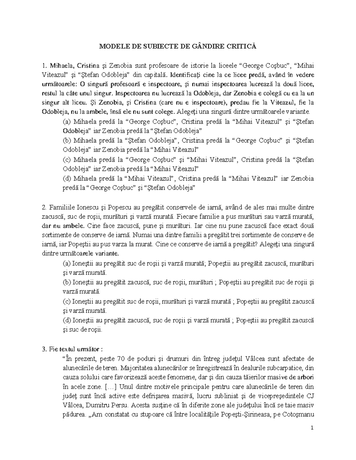 Probleme test - admitere psihologie - 1 MODELE DE SUBIECTE DE GÂNDIRE ...