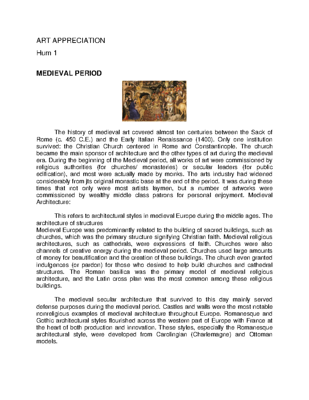 Art Appreciation Hum 1 - Medieval Period - ART APPRECIATION Hum 1 ...