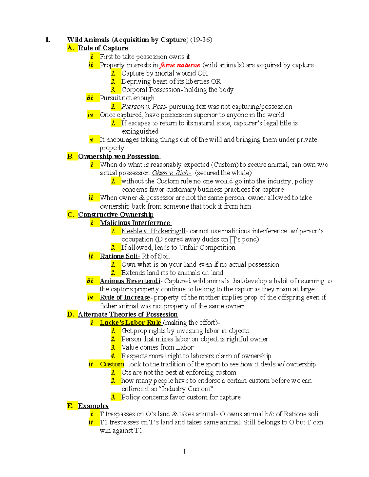 Property Law Outline - 3 - I. Wild Animals (Acquisition by Capture) (19 ...