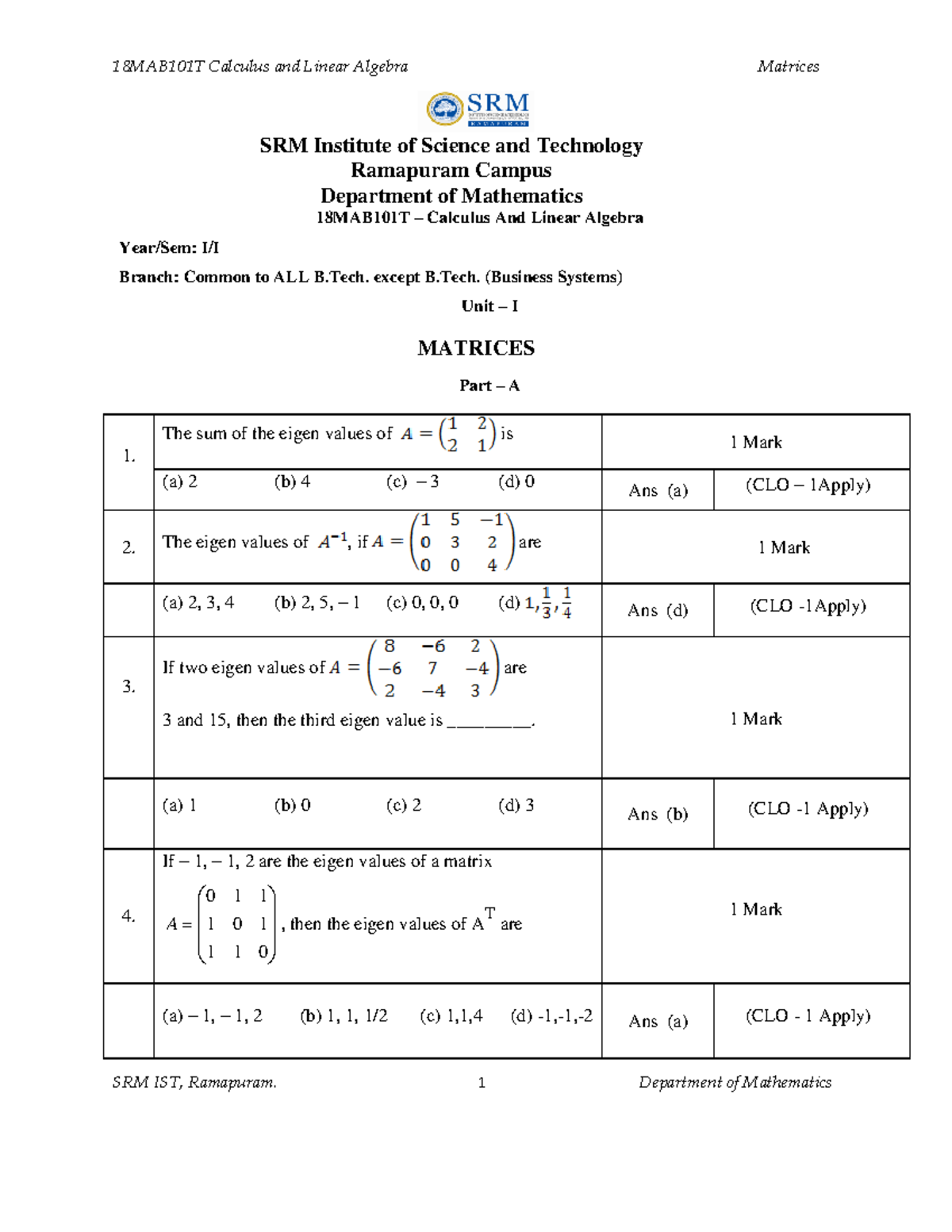 UNIT 1 - This file contains sample MCQ's for Unit 1 : Matrices - SRM ...