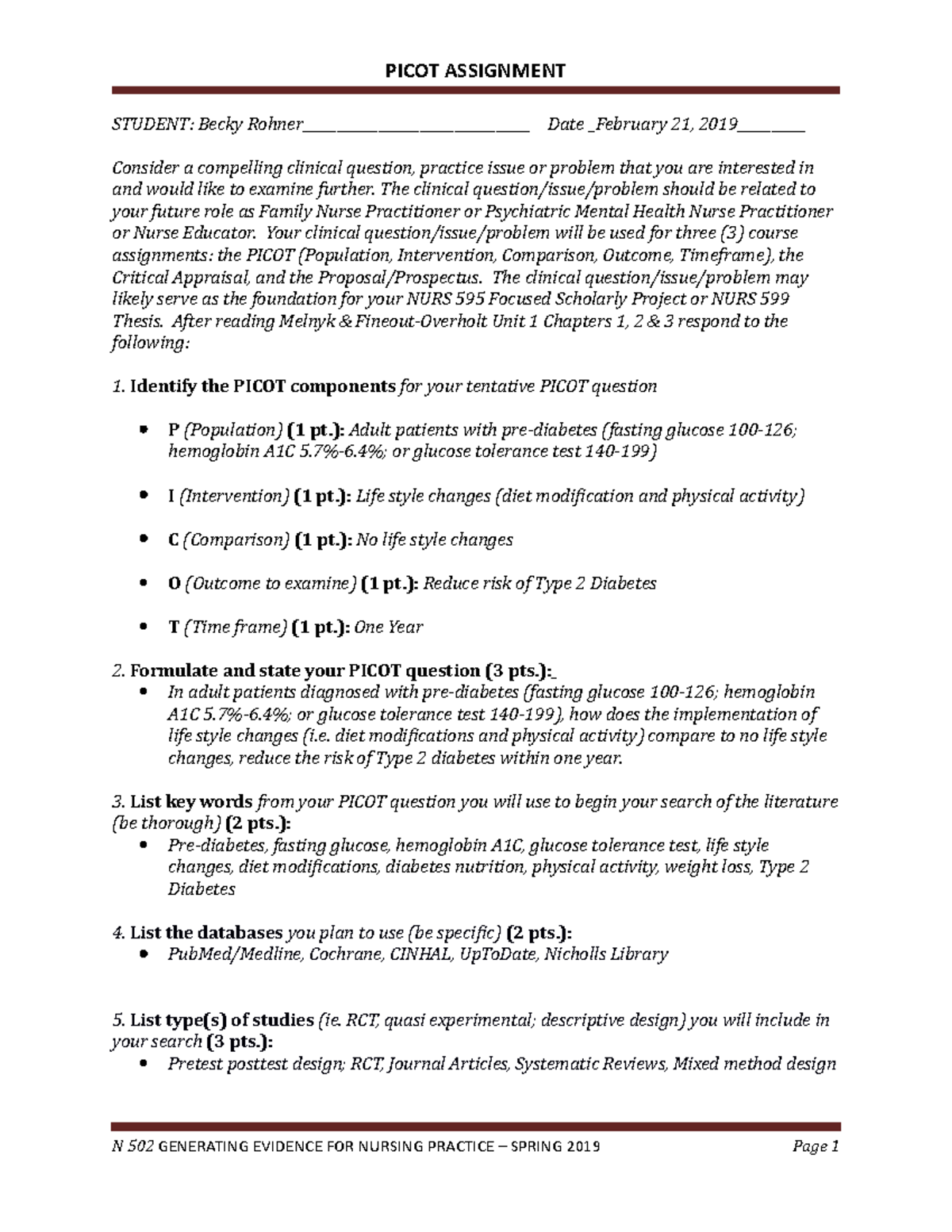 NUR 502 - Picot Assignment - PICOT ASSIGNMENT STUDENT: Becky Rohner ...