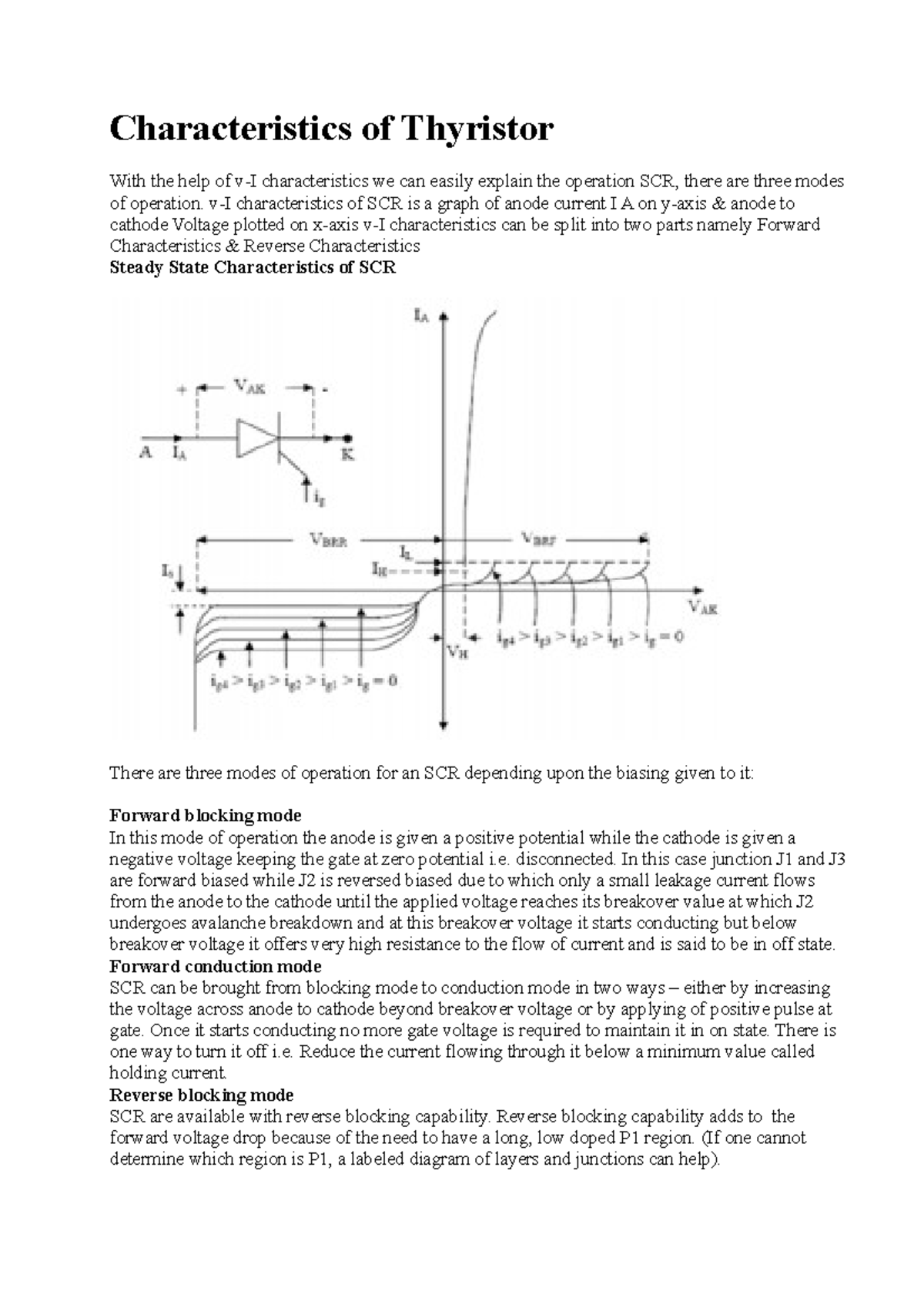 Characteristics of Thyristor - v-I characteristics of SCR is a graph of anode current I A on y ...