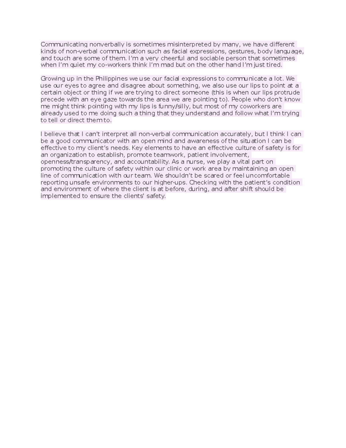 Module 09 Discussion - Culture of Safety - Communicating nonverbally is ...