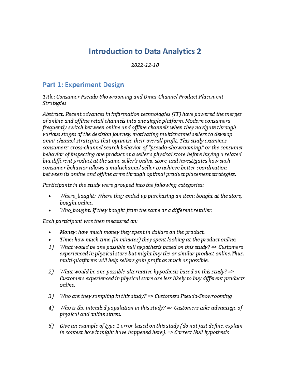 04 lab - assignment 3 - Introduction to Data Analytics 2 2022-12- Part 1: Experiment Design ...