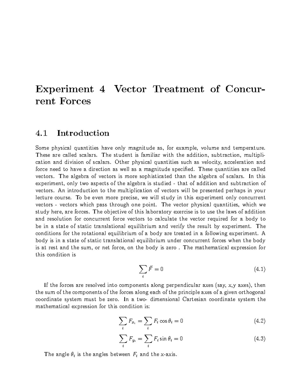 Experiment Four - Experiment 4 Vector Treatment of Concur- rent Forces ...