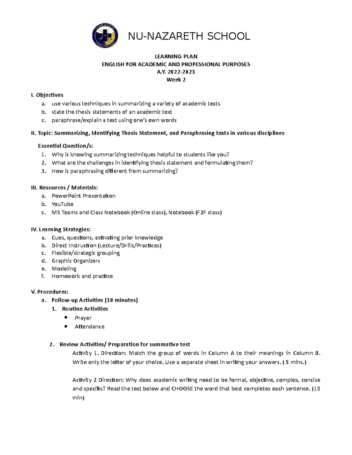 Learning-Plan-Week 4 - EAPP - LEARNING PLAN ENGLISH FOR ACADEMIC AND ...