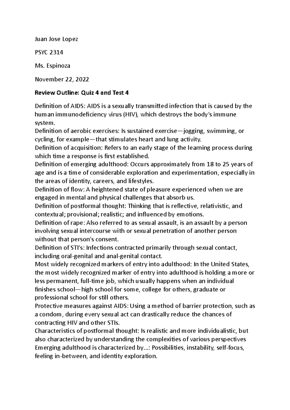 Psych 2314 Test 4 Review - Juan Jose Lopez PSYC 2314 Ms. Espinoza ...
