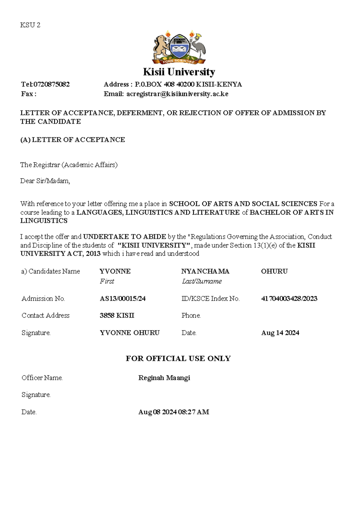 Ksu2 - kisii university ksu2 form - KSU 2 Kisii University Tel ...