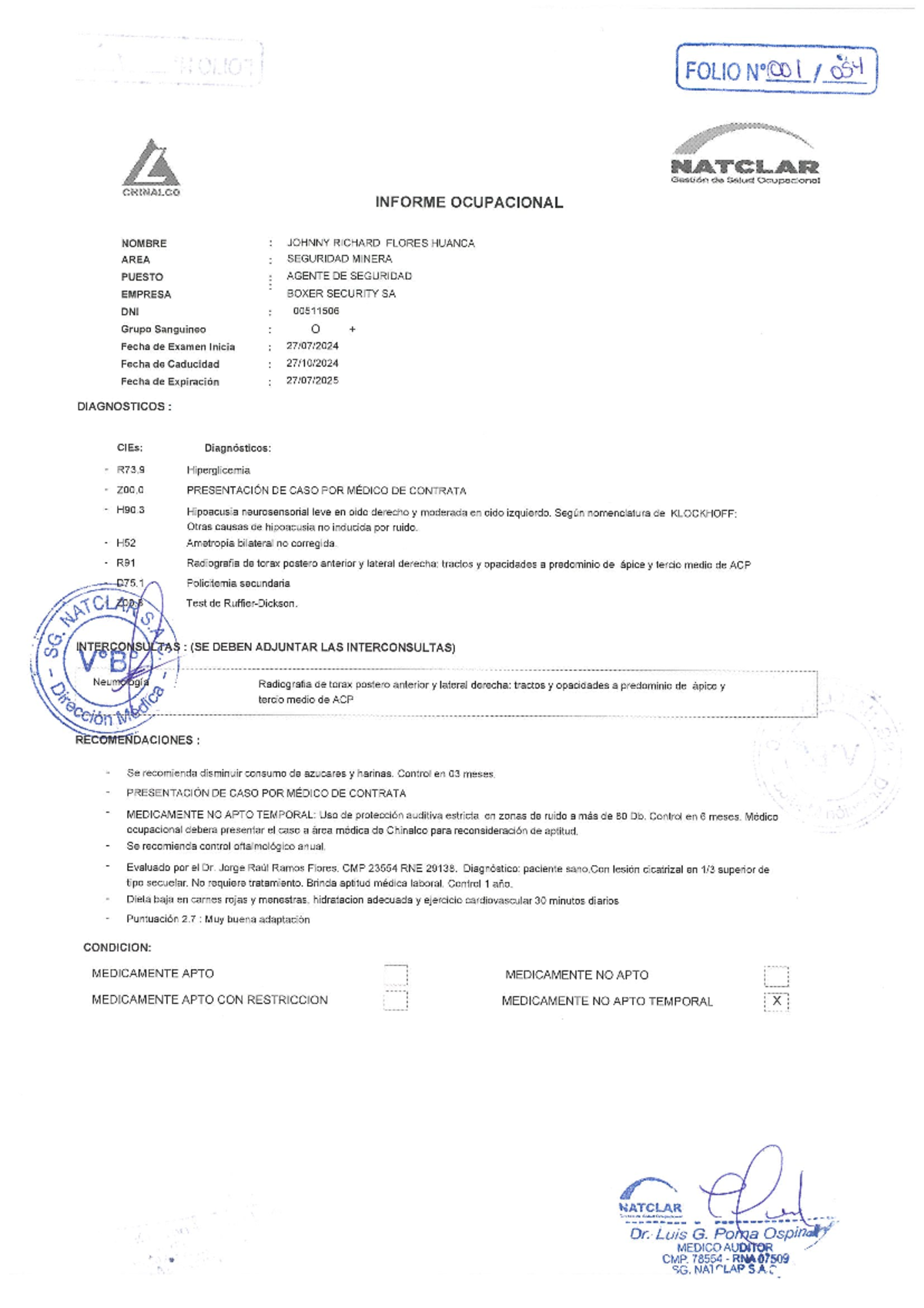 EMO Flores Huanca 2024 - examen medico ocupacional - MOLIOT FOLIO 054 L ...