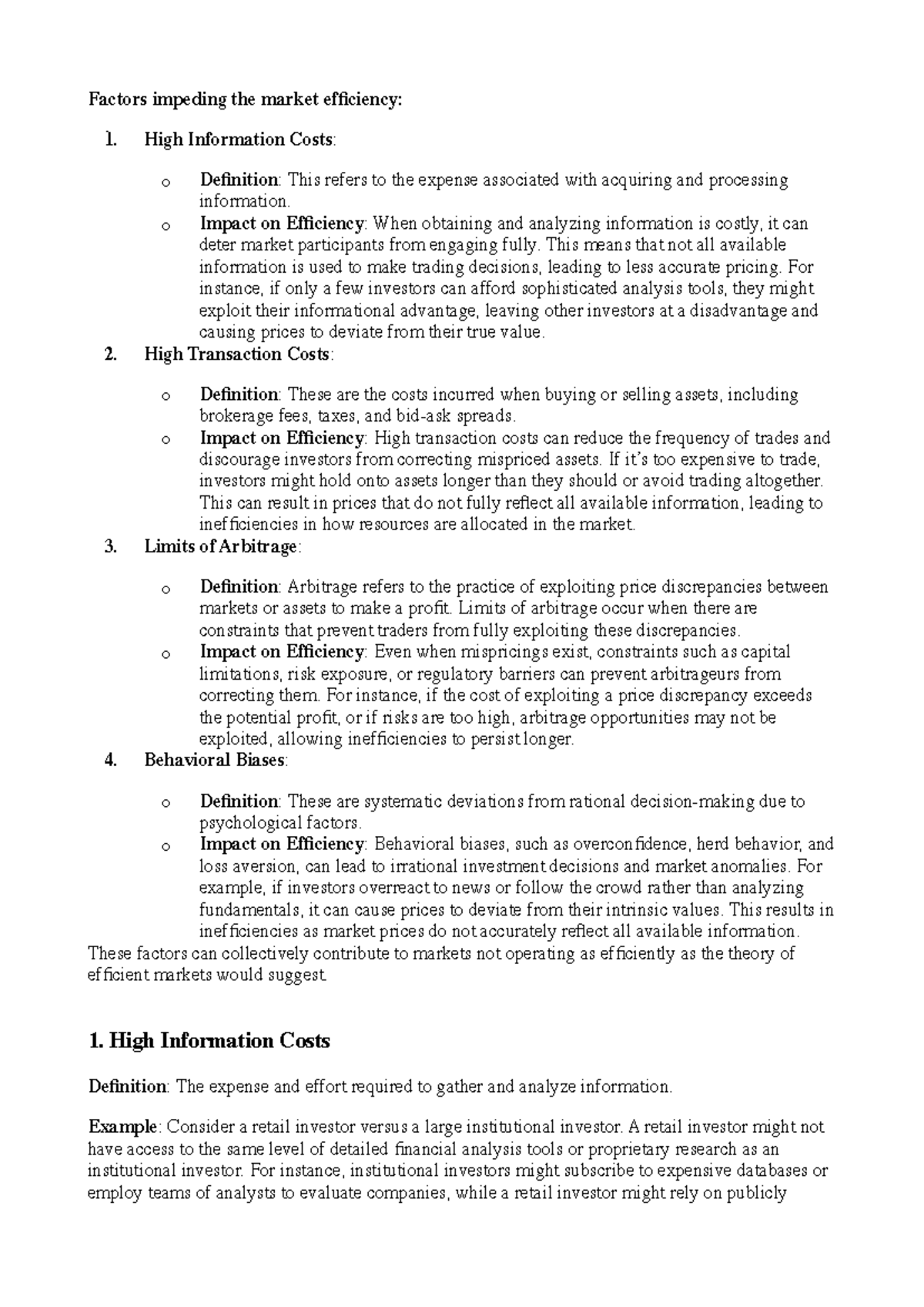 EFB201 Notes - Factors impeding the market efficiency: 1. High ...