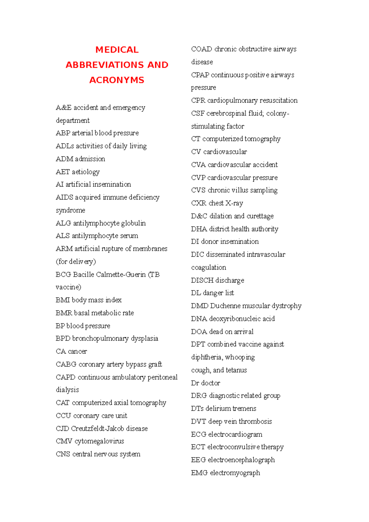 Medical Terms - MEDICAL ABBREVIATIONS AND ACRONYMS A&E accident and ...