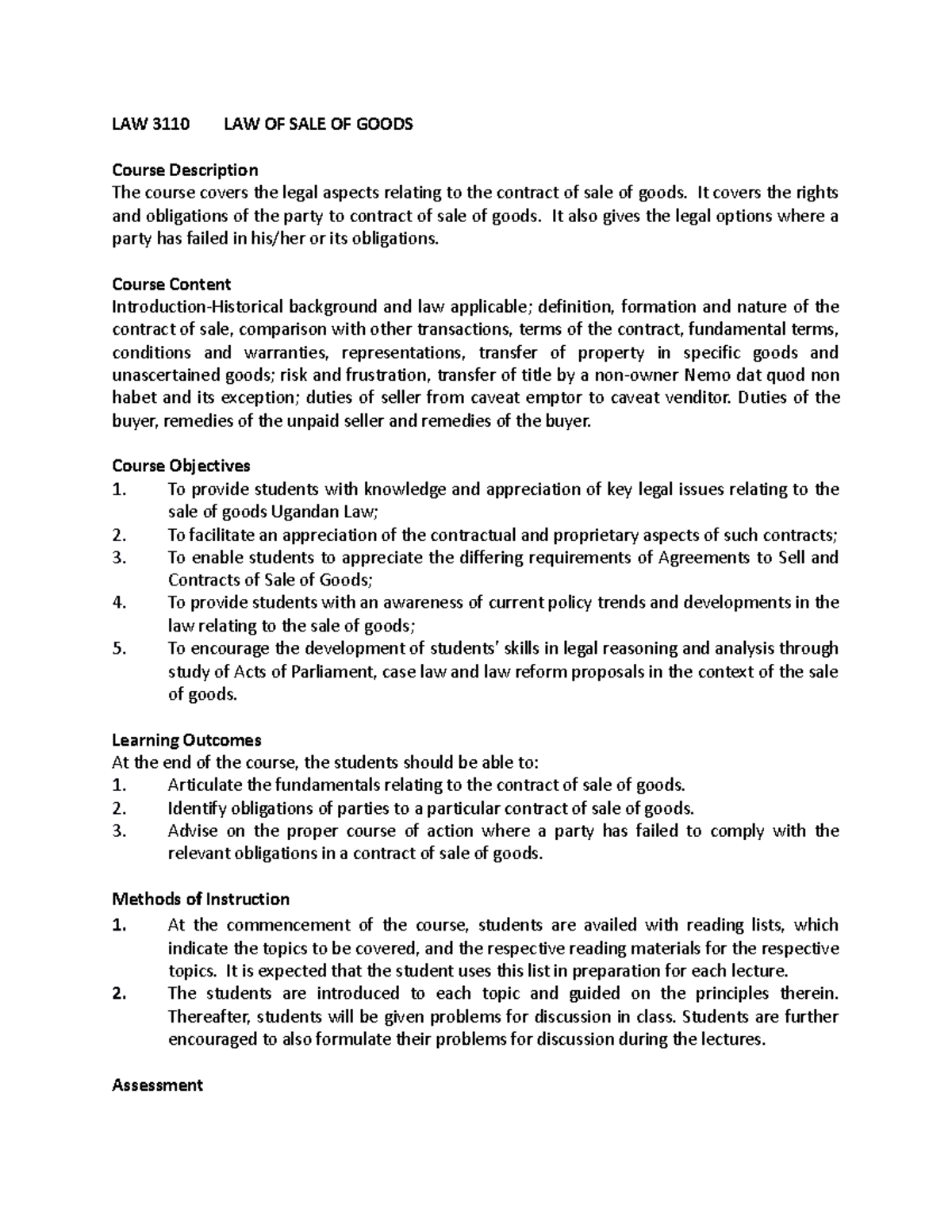 LAW 3110LAW OF SALE OF Goods - LAW 3110 LAW OF SALE OF GOODS Course ...