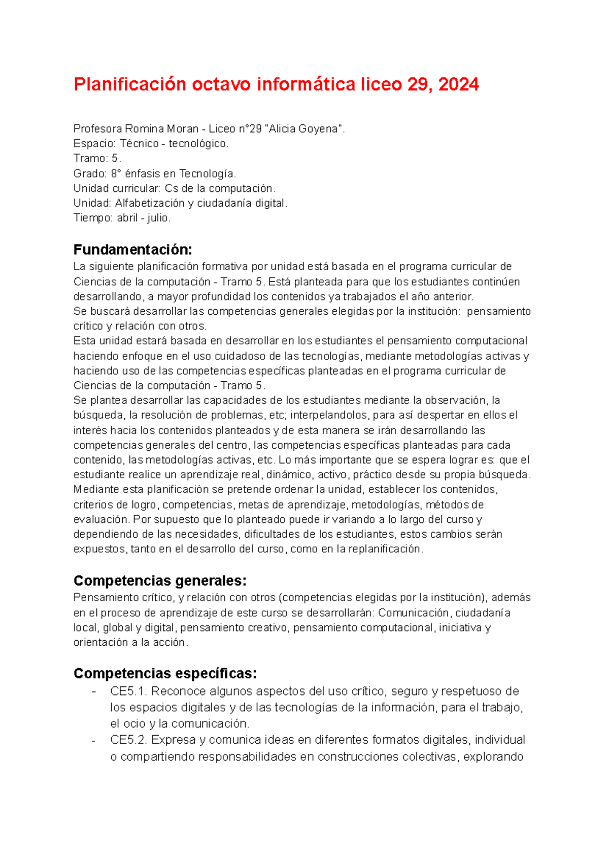 Planificacion unidad Alfabetizacion y ciudadania digital 8vo, liceo 29 ...