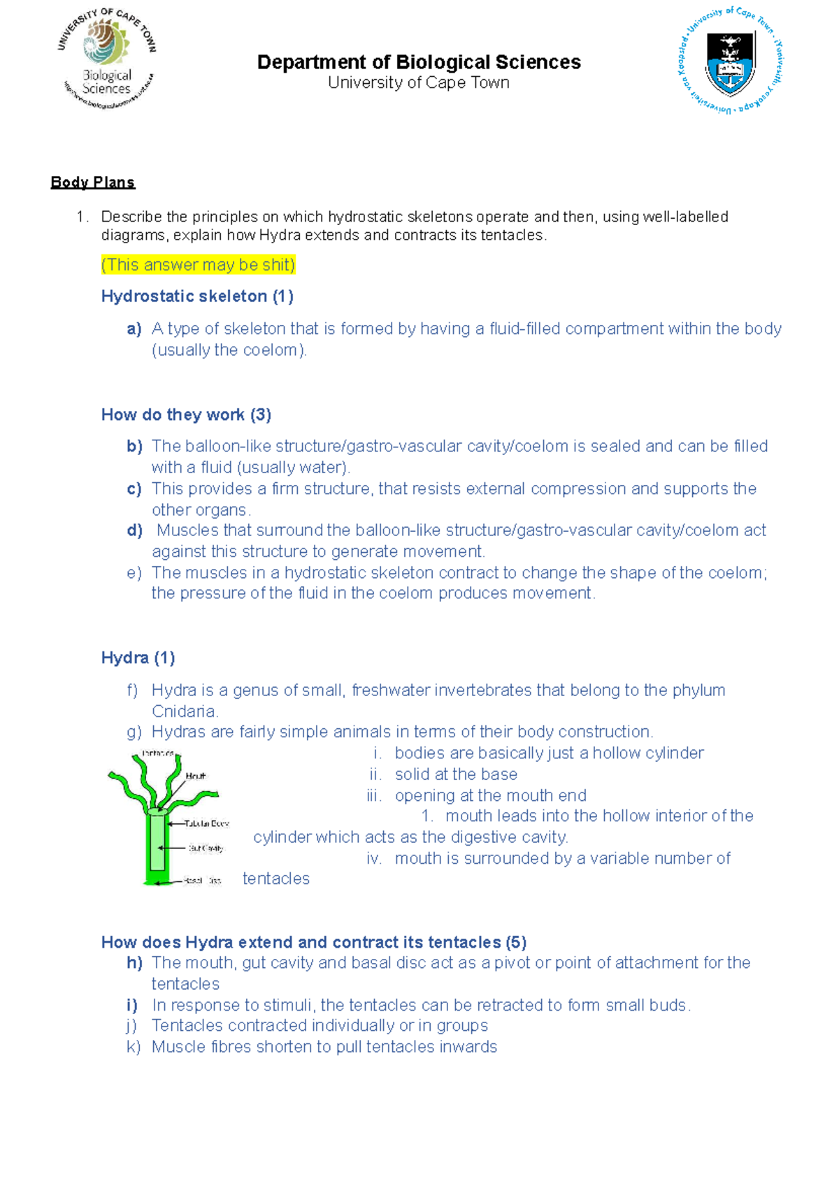 BIO1004S Invertebrates past paper questions.docx - Google Docs ...