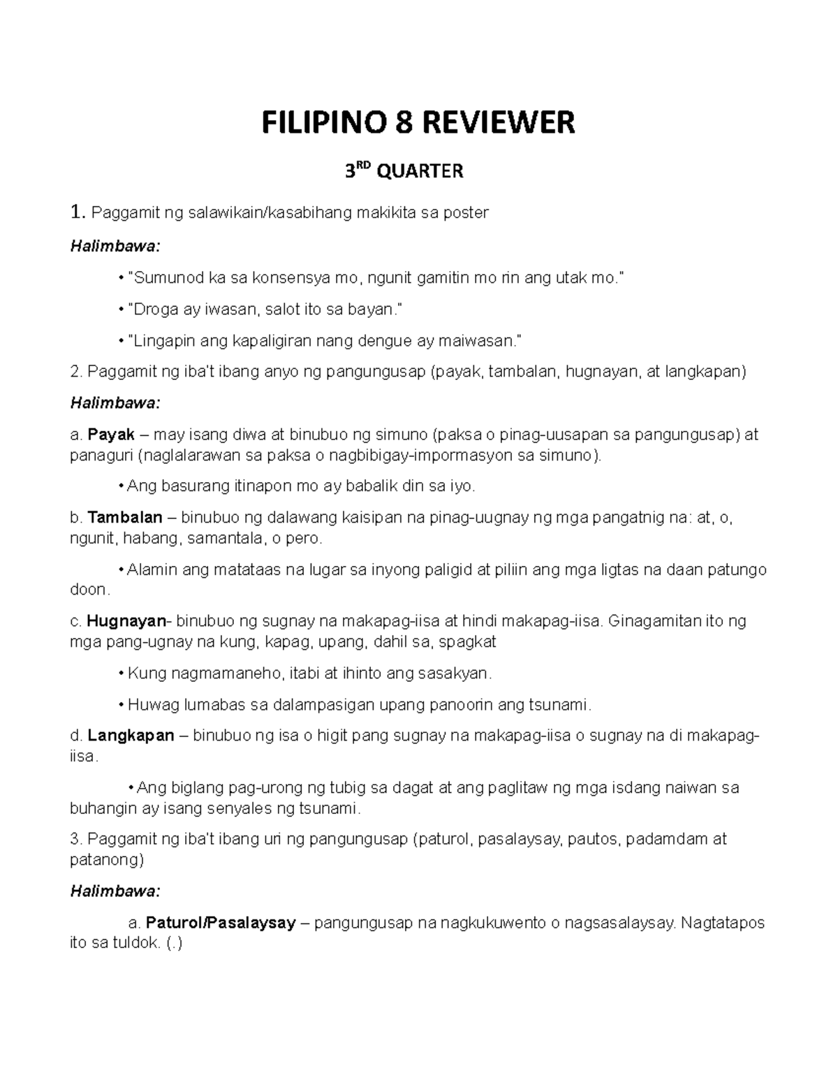 Reviwer Filipino 8 - FILIPINO 8 REVIEWER 3 RD QUARTER 1. Paggamit ng salawikain/kasabihang ...