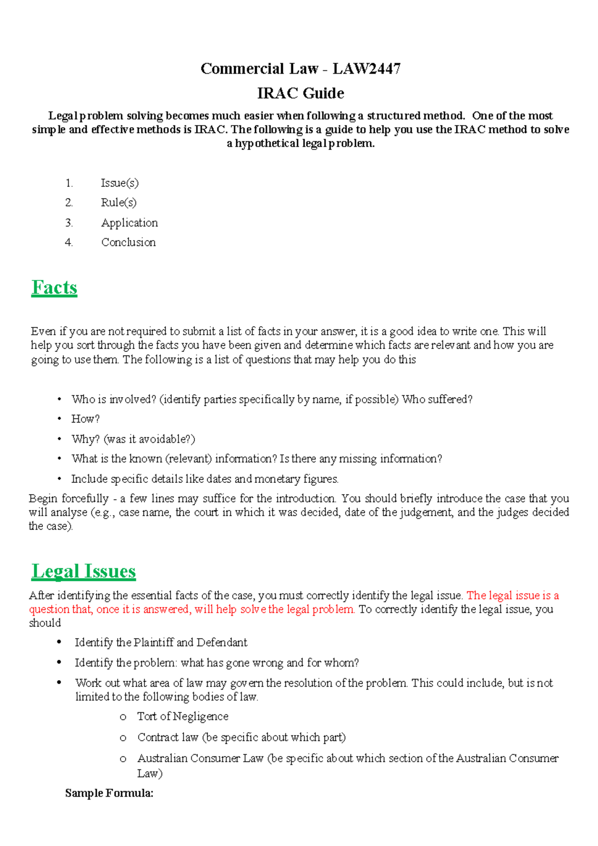 IRAC Guide - LAW2447 - Hope it help and good luck - Commercial Law - LAW IRAC Guide Legal ...