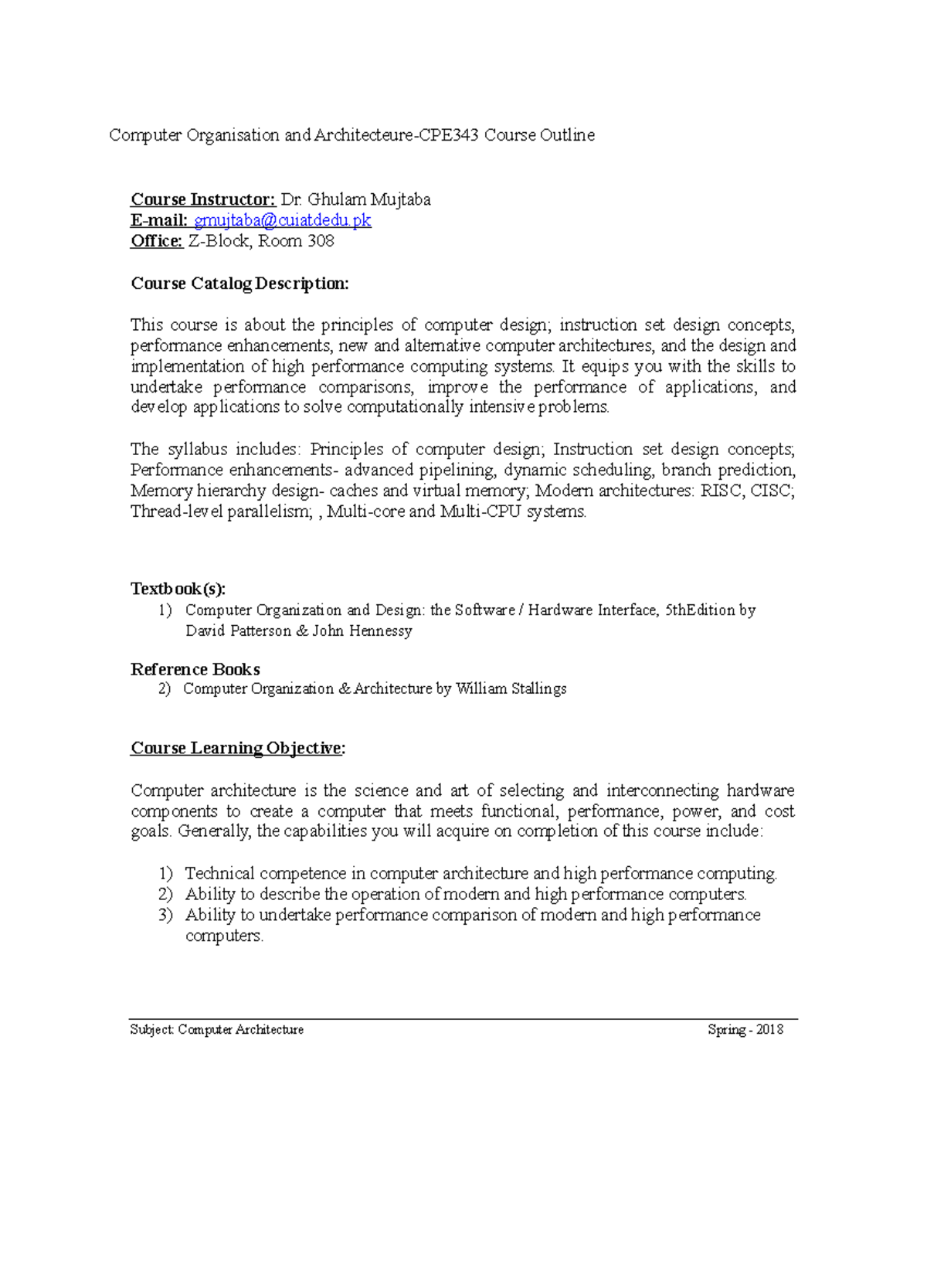 COA Course outline fall 2019 - Computer Organisation and Architecteure ...