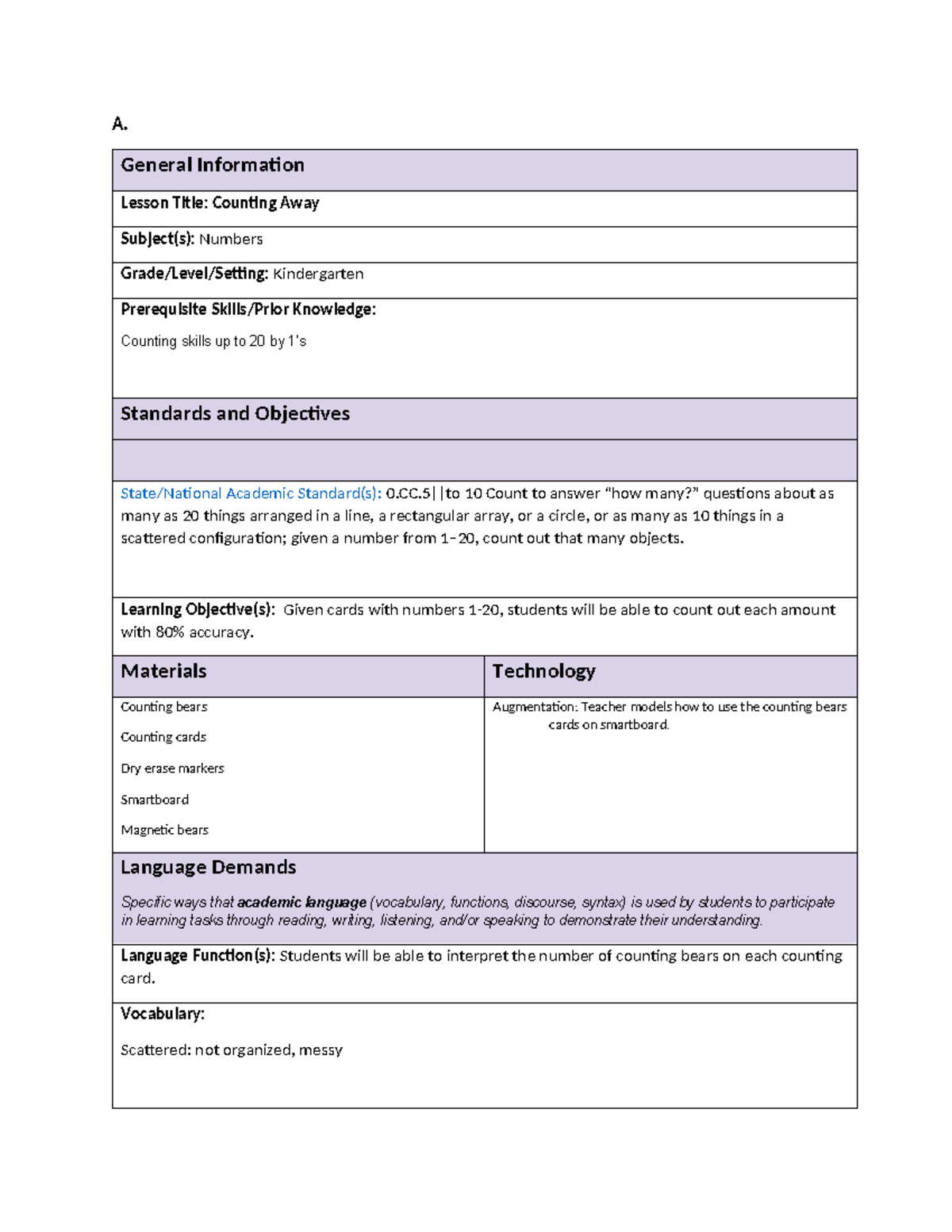 DIM3-Task 1 - No revisions needed - A. General Information Lesson Title: Counting Away Subject(s ...