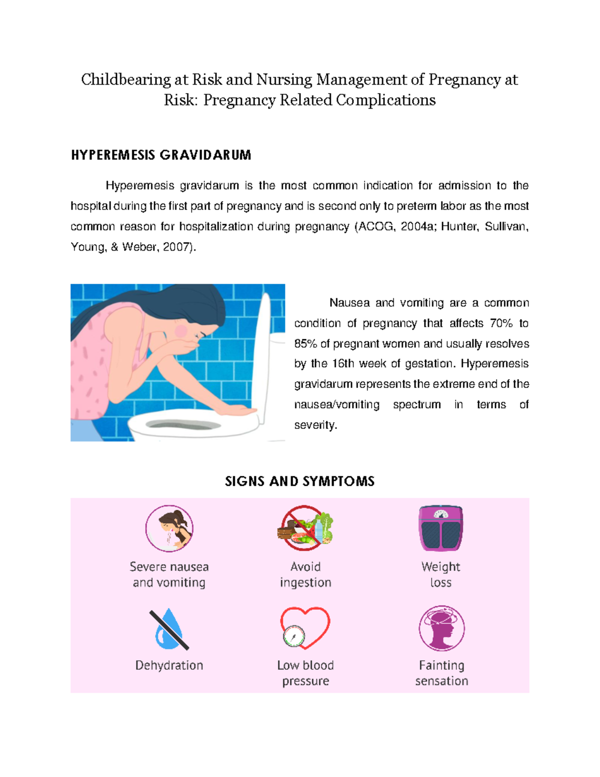 Hyperemesis Gravidarum - Childbearing at Risk and Nursing Management of ...