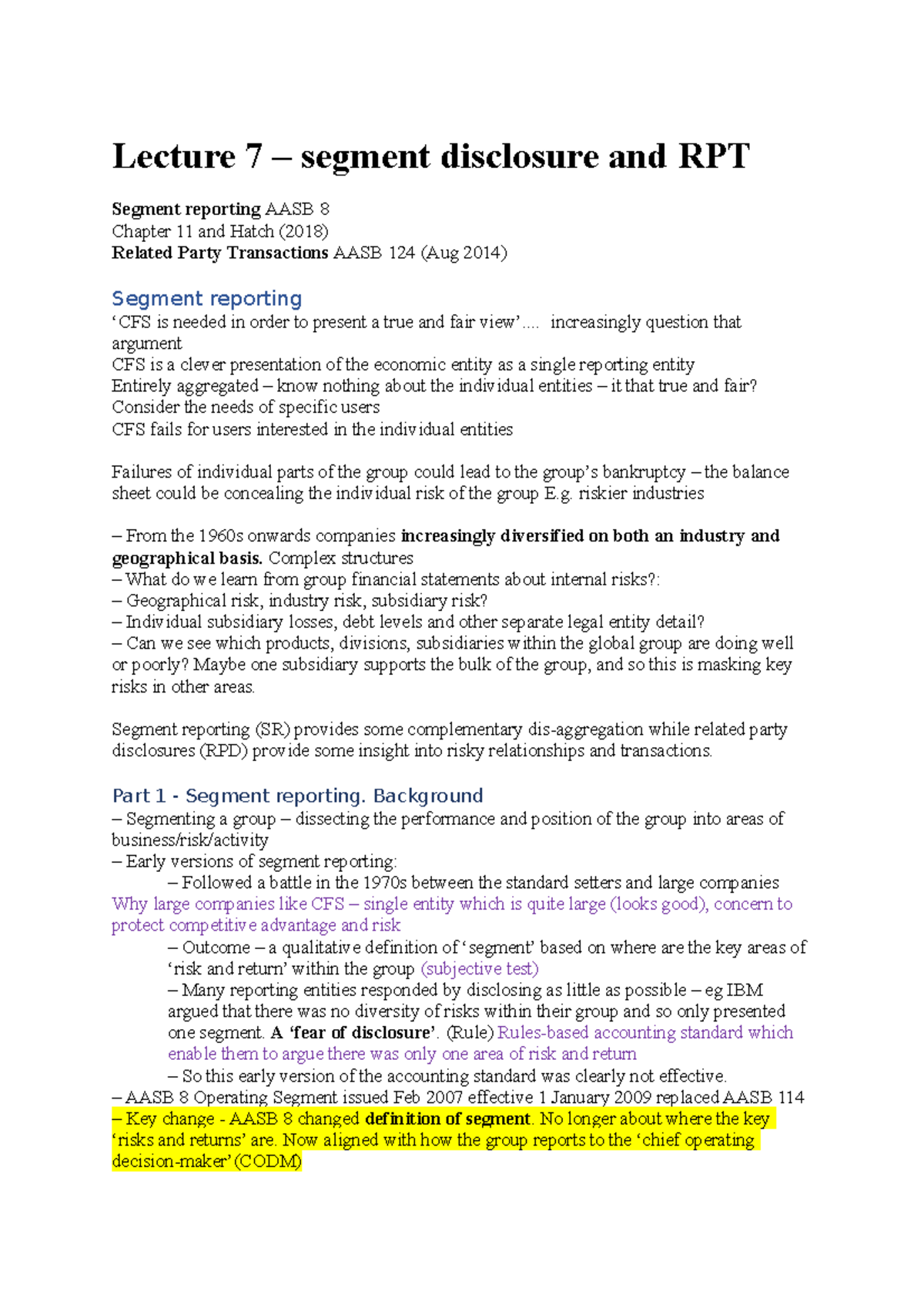 Acct 3011 Lecture 7 - Lecture 7 – segment disclosure and RPT Segment ...
