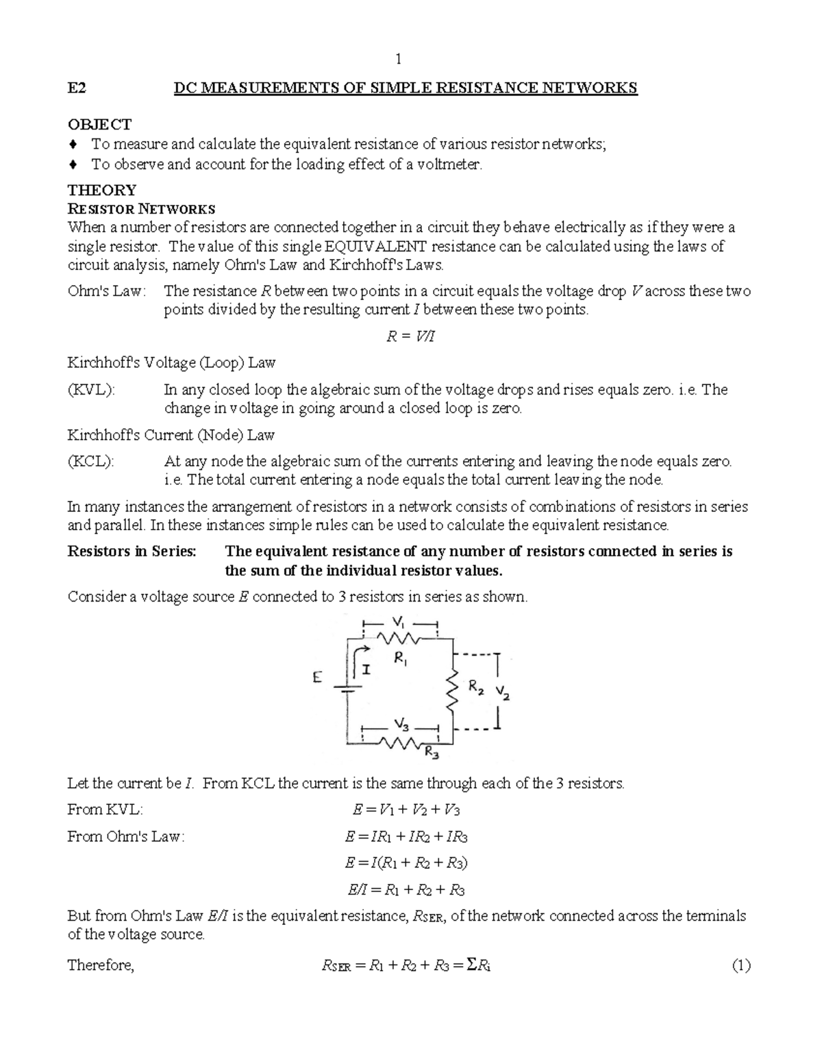 Lab manual - lab - E2 DC MEASUREMENTS OF SIMPLE RESISTANCE NETWORKS ...