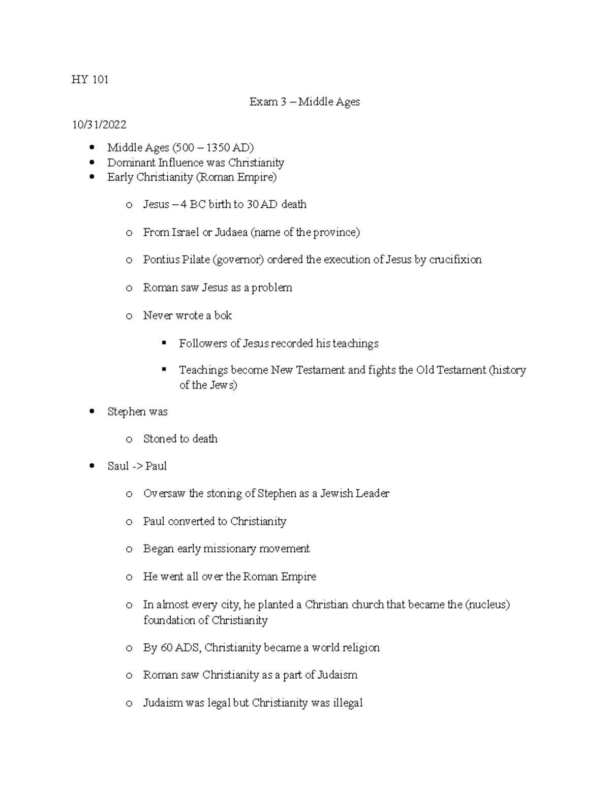 HY-101 Exam 3 - HY 101 notes - HY 101 Exam 3 – Middle Ages 10/31 ...