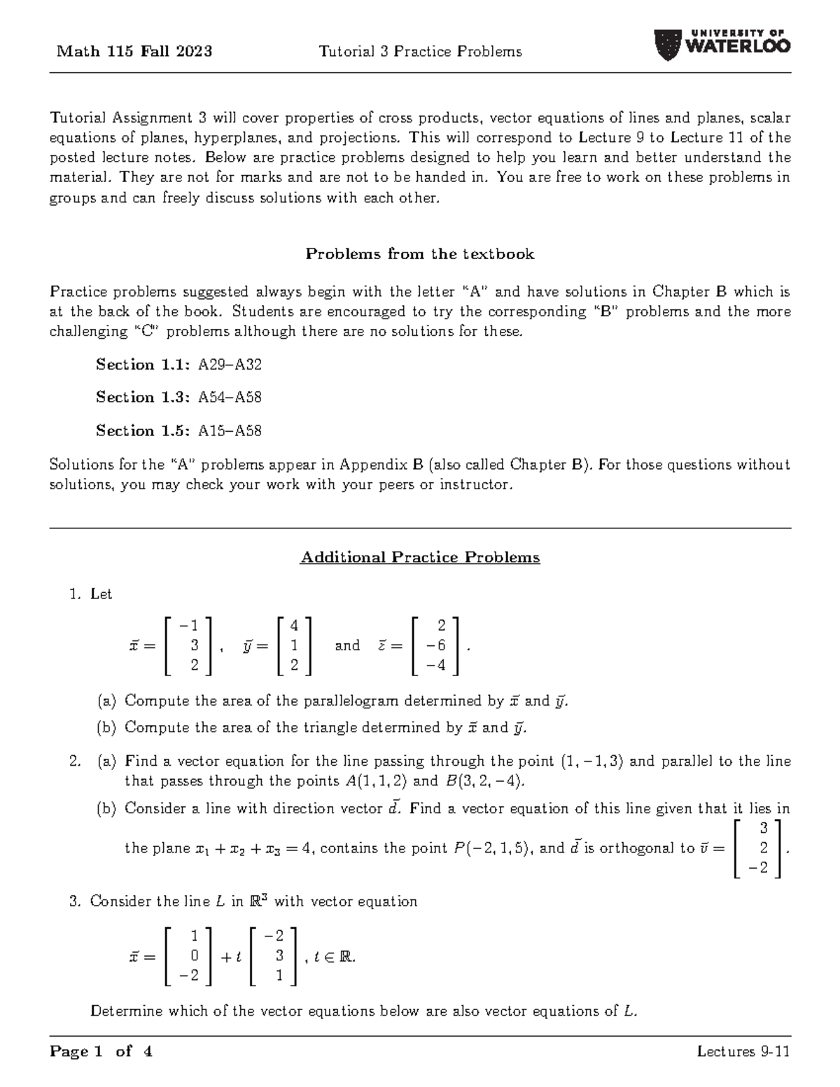Math 115 F23 Tut3 Practice - Tutorial Assignment 3 will cover properties of cross products ...