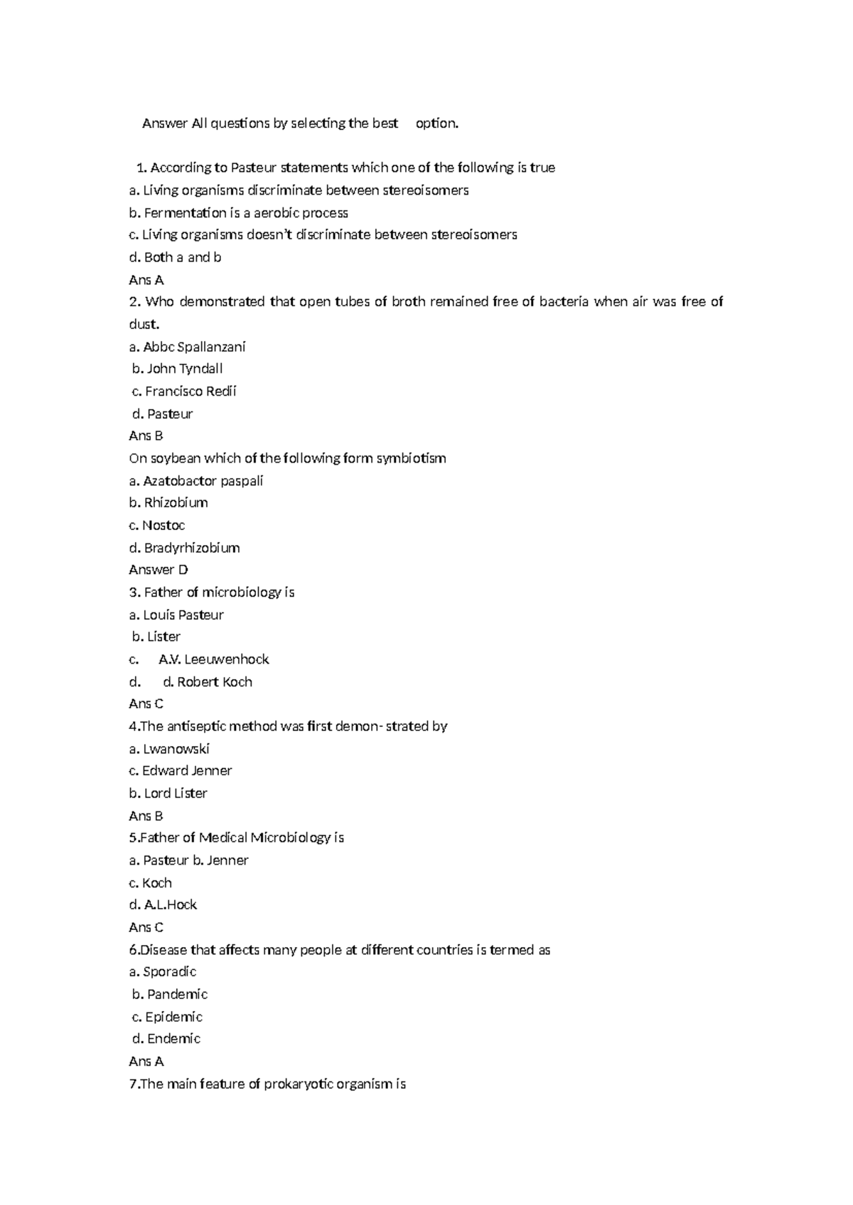 Microbiology MCQ(answers) - Answer All questions by selecting the best ...